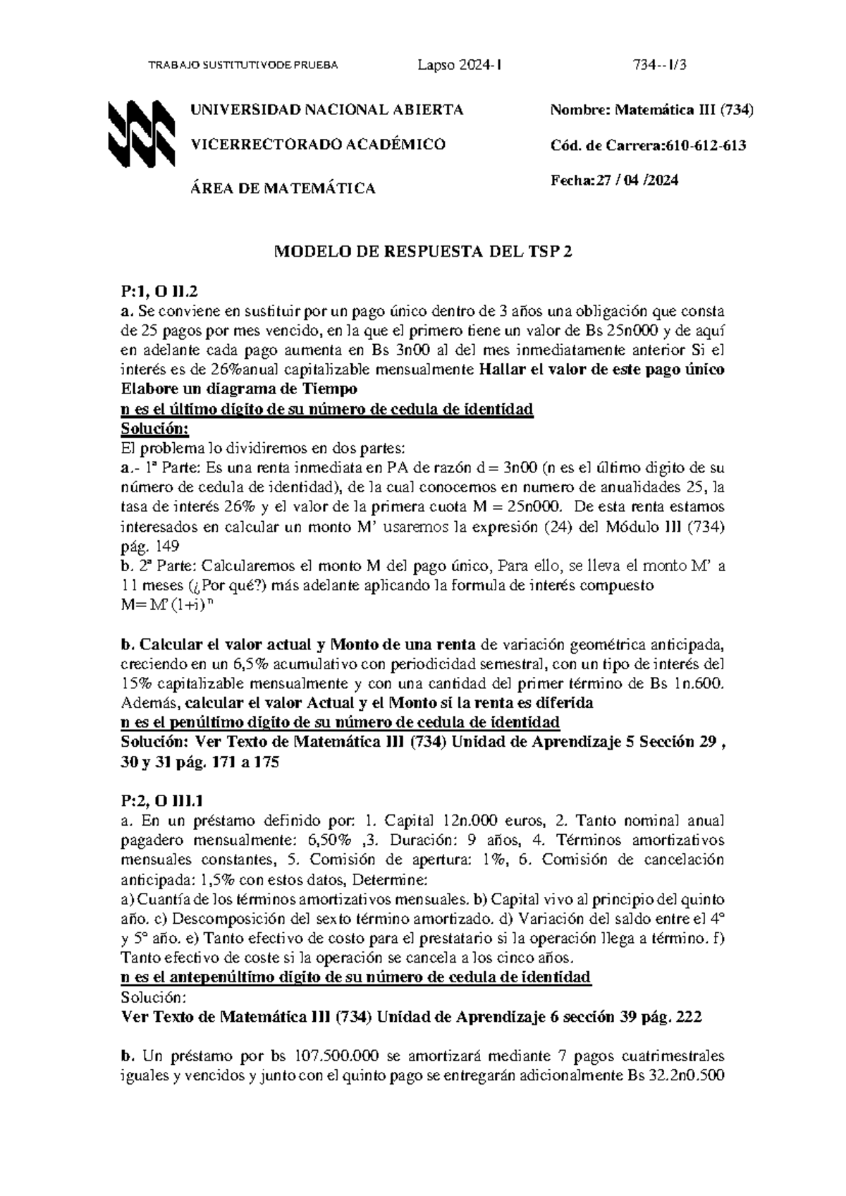 M 734 TSP2 2024 1 - Modelo de respuesta - TRABAJO SUSTITUTIVODE PRUEBA Lapso 2024- 1 734 - 1 / 3 ...
