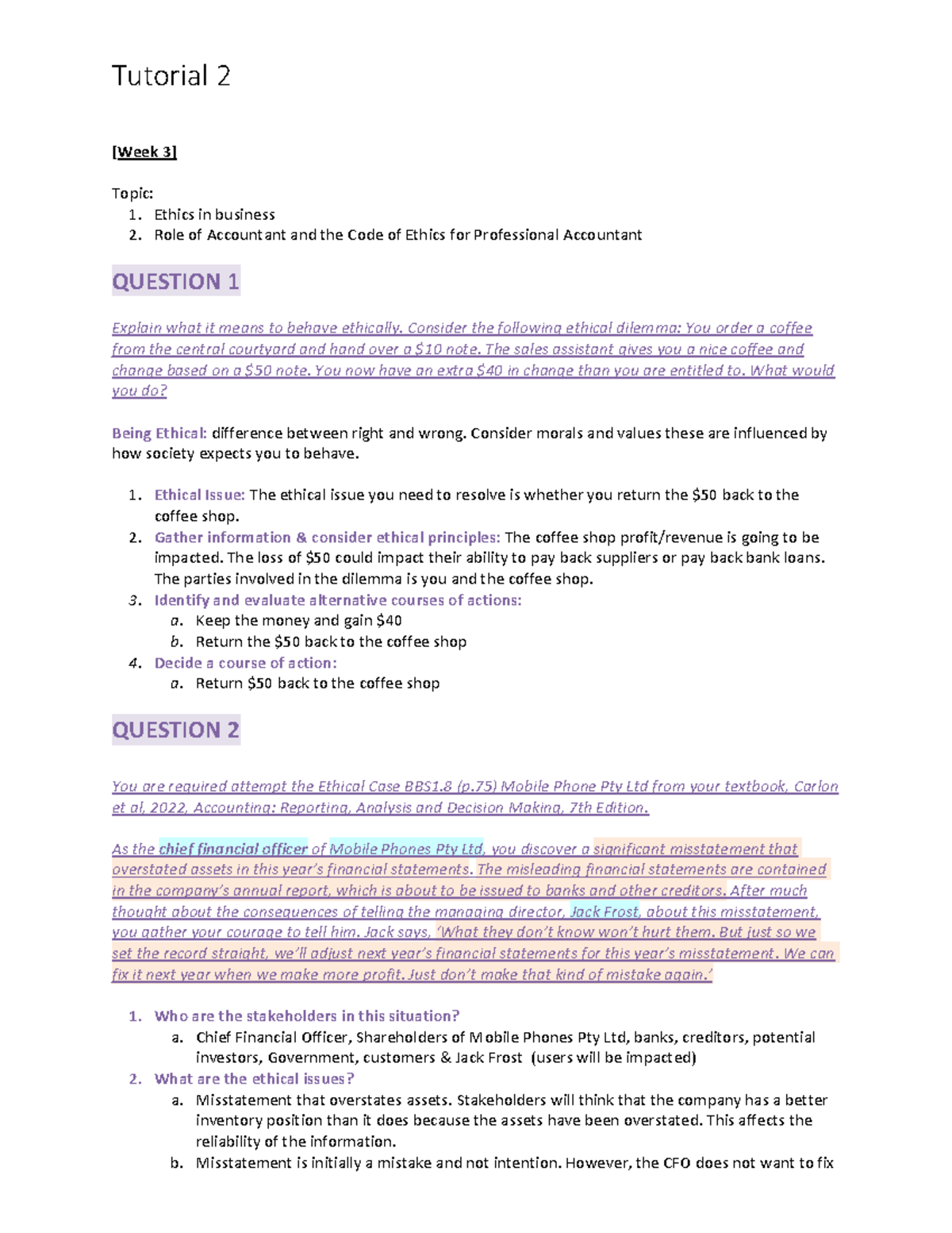 Week 3 Tutorial Notes - [Week 3] Topic: 1. Ethics in business 2. Role ...
