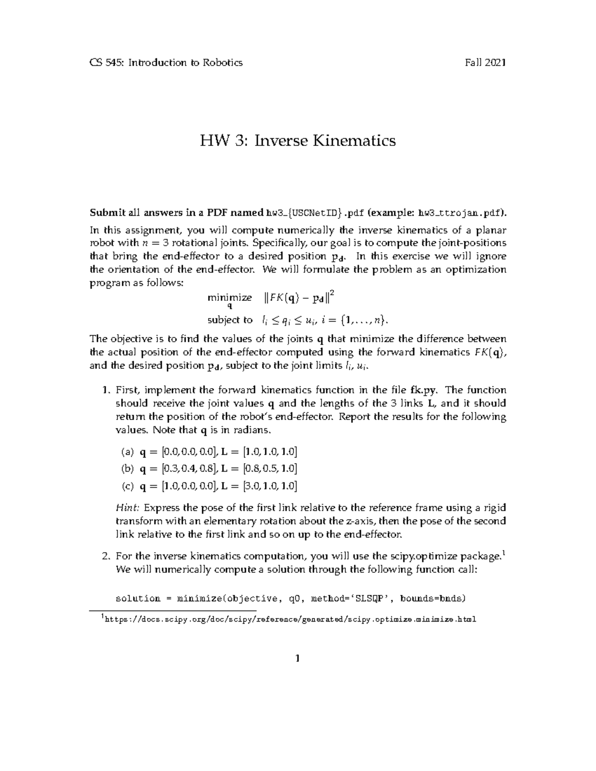 Hw3 - Robotics assignment - CS 545: Introduction to Robotics Fall 2021 HW 3: Inverse Kinematics ...