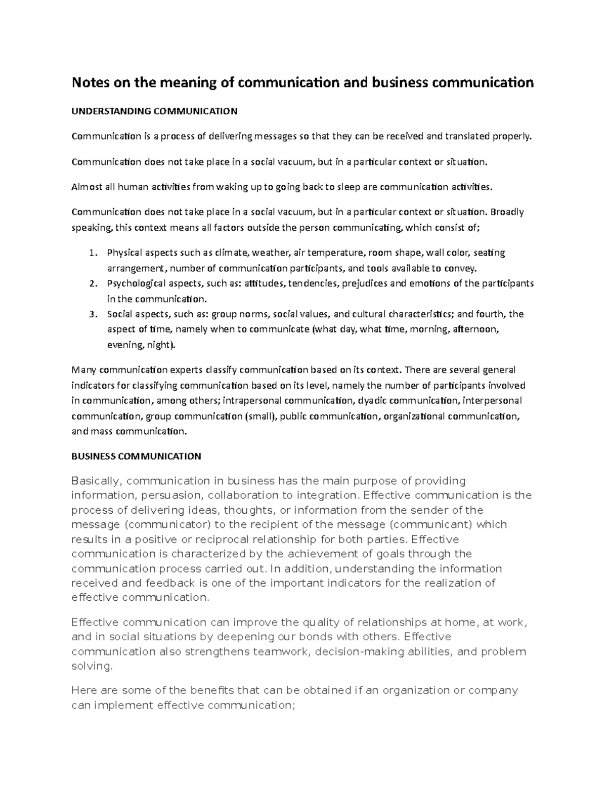 Notes on the meaning of communication and business communication ...