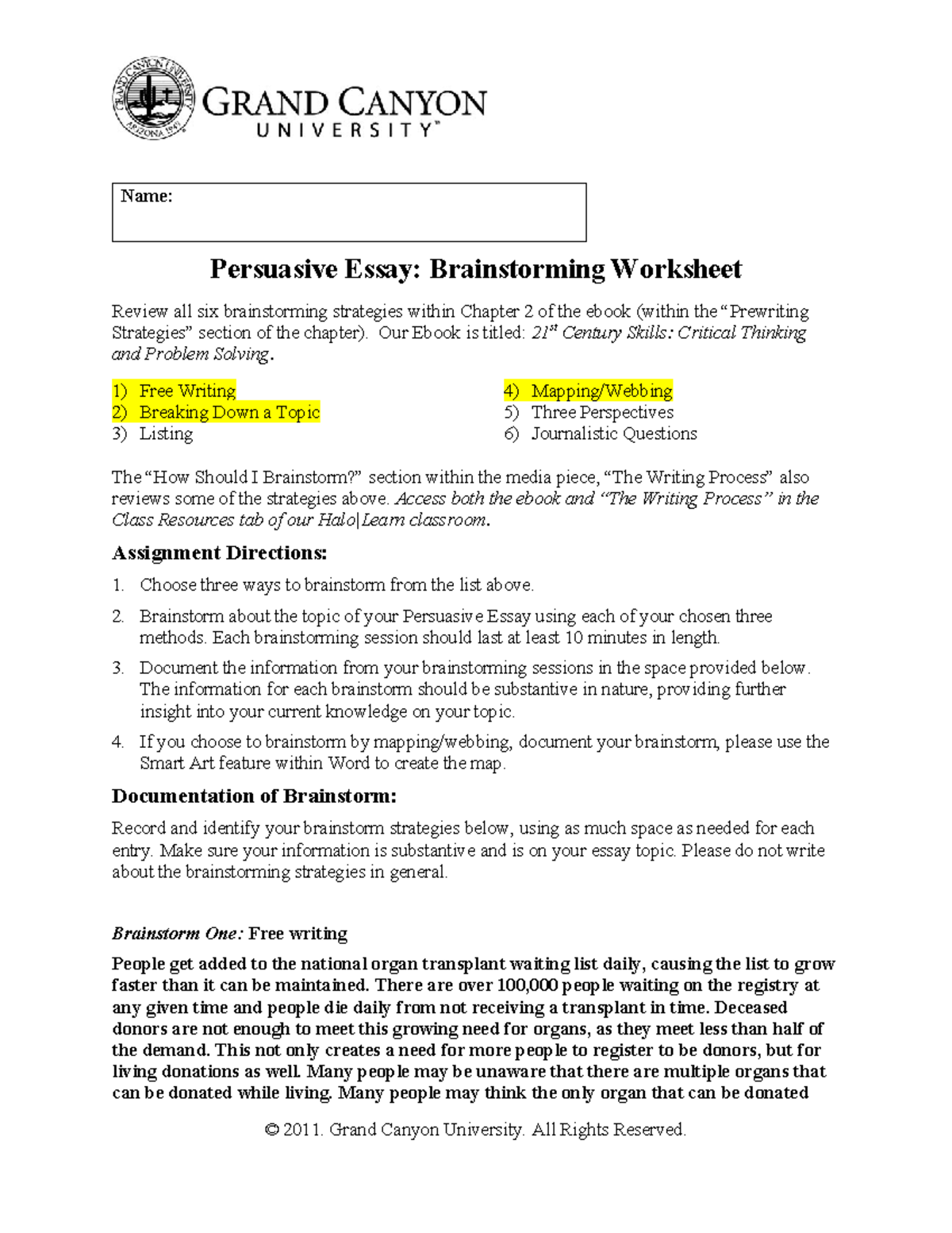 T2 Brainstorming Worksheet - Name: Persuasive Essay: Brainstorming ...