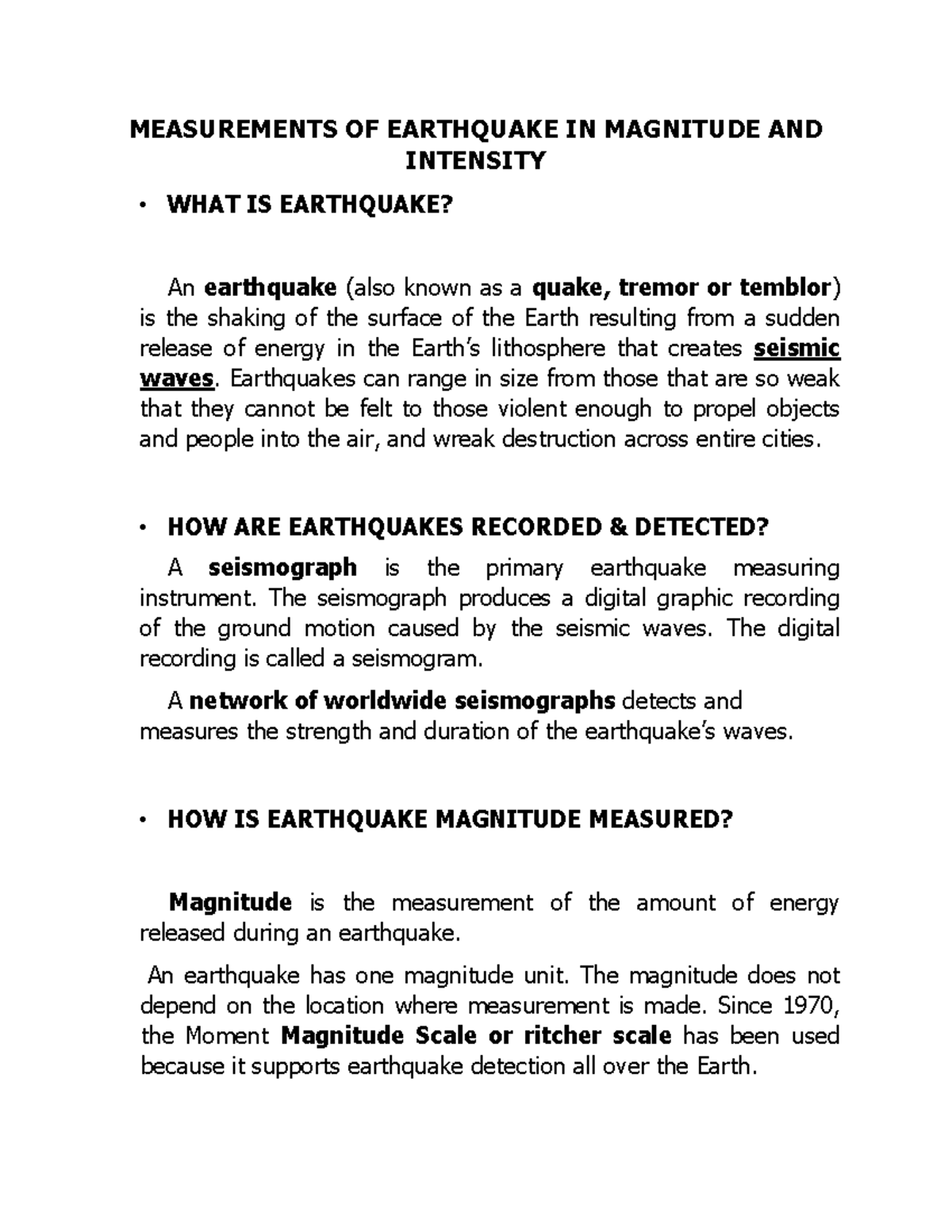 Measurement of earthquakes; magnitude vs intensity - MEASUREMENTS OF ...