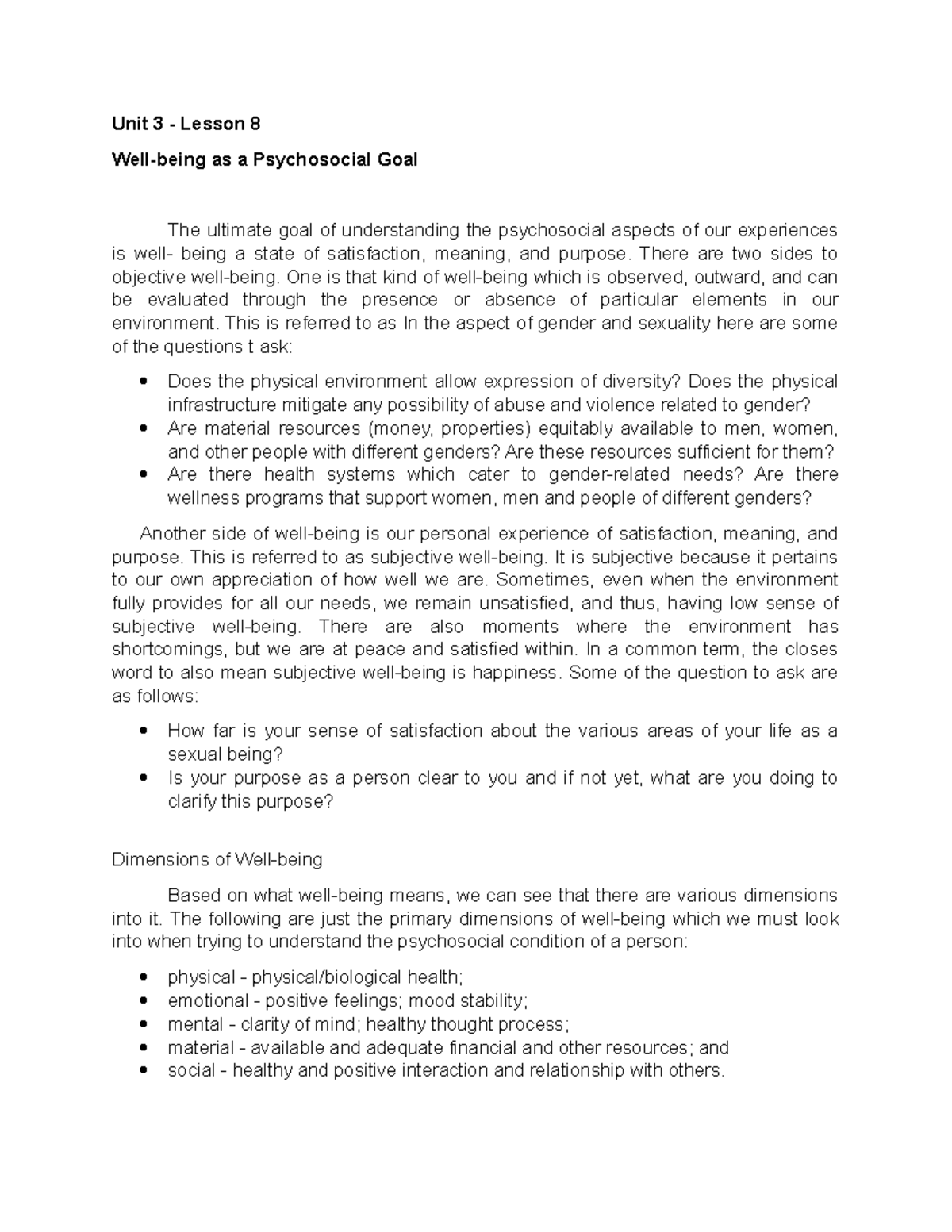 Well-being as a Psychosocial Goal - There are two sides to objective ...