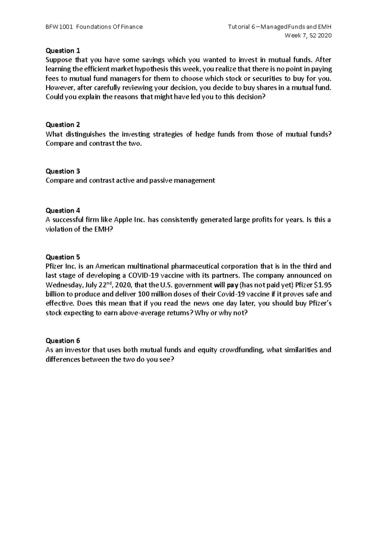 Week 7 Tutorial Questions - Managed Funds and EMH - BFW 1001 Foundations Of Finance Tutorial 6 ...