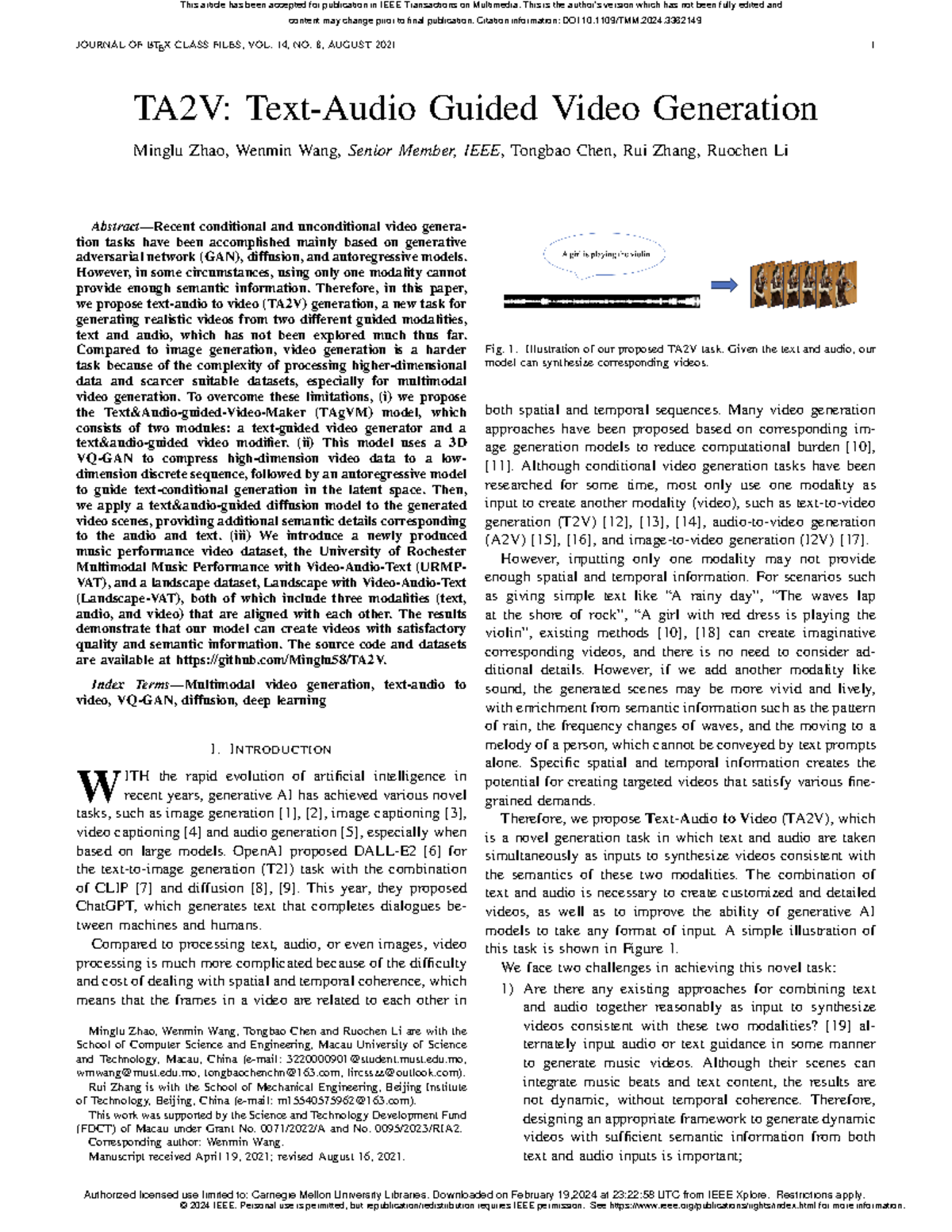 TA2V Text-Audio Guided Video Generation - JOURNAL OF LATEX CLASS FILES, VOL. 14, NO. 8, AUGUST ...