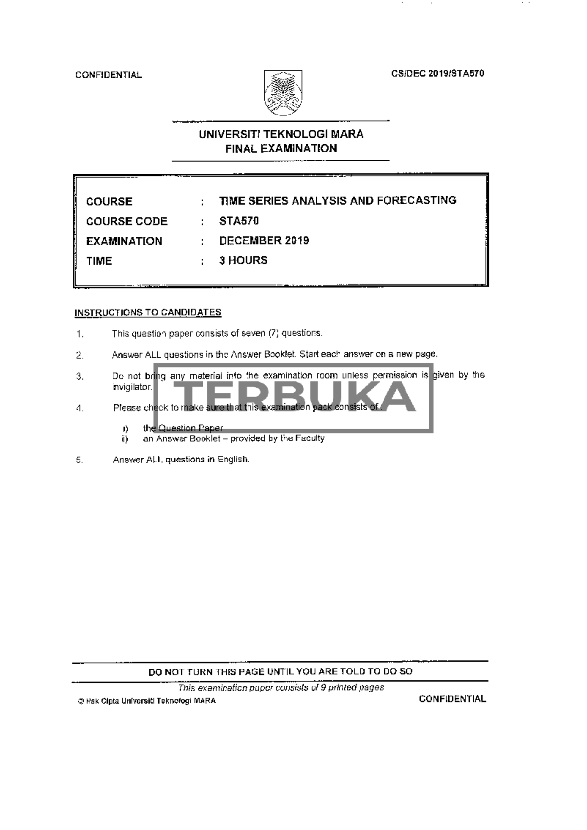 STA570 - PAST YEAR - CONFIDENTIAL UNIVERSITI TEKNOLOGI MARA FINAL EXAMINATION CS/DEC 2019/STA ...