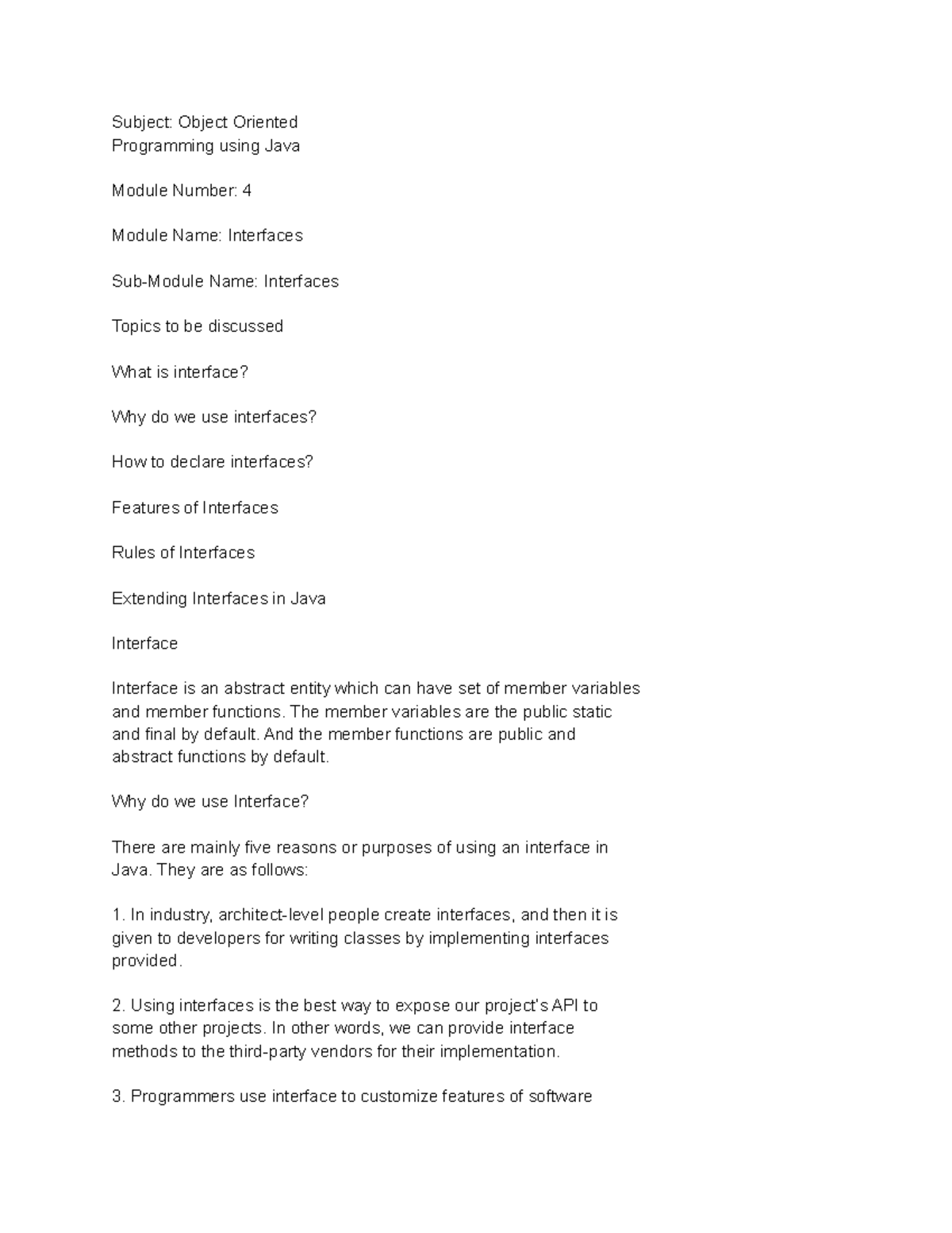 Interfaces Oop Java Module 4 Subject Object Oriented Programming 