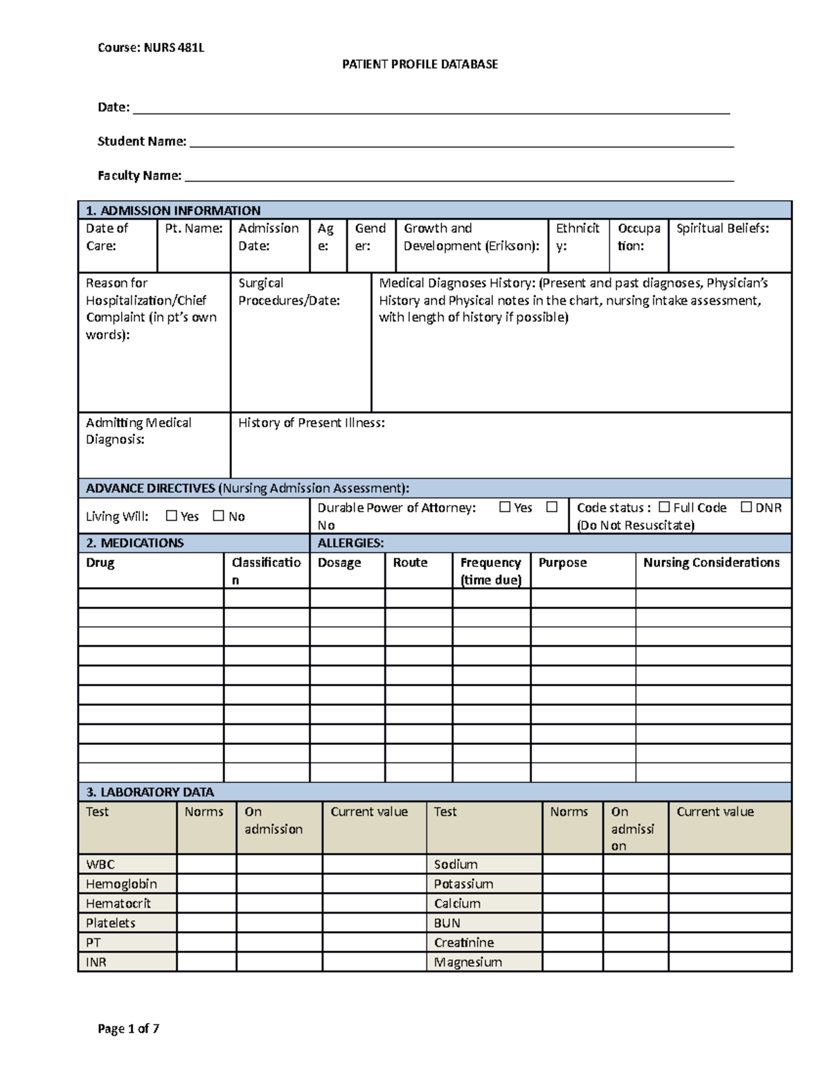 NURS 481L - Patient Profile Database - PATIENT PROFILE DATABASE Date ...