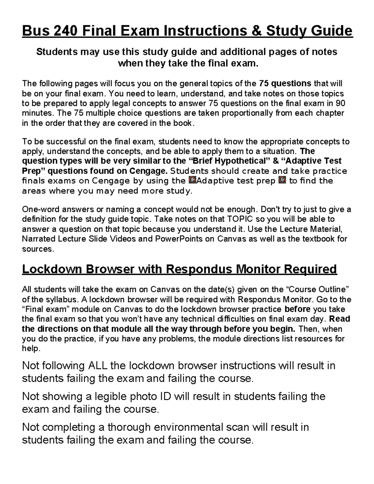Final Exam Study Guide version 23 - Bus 240 Final Exam Instructions ...
