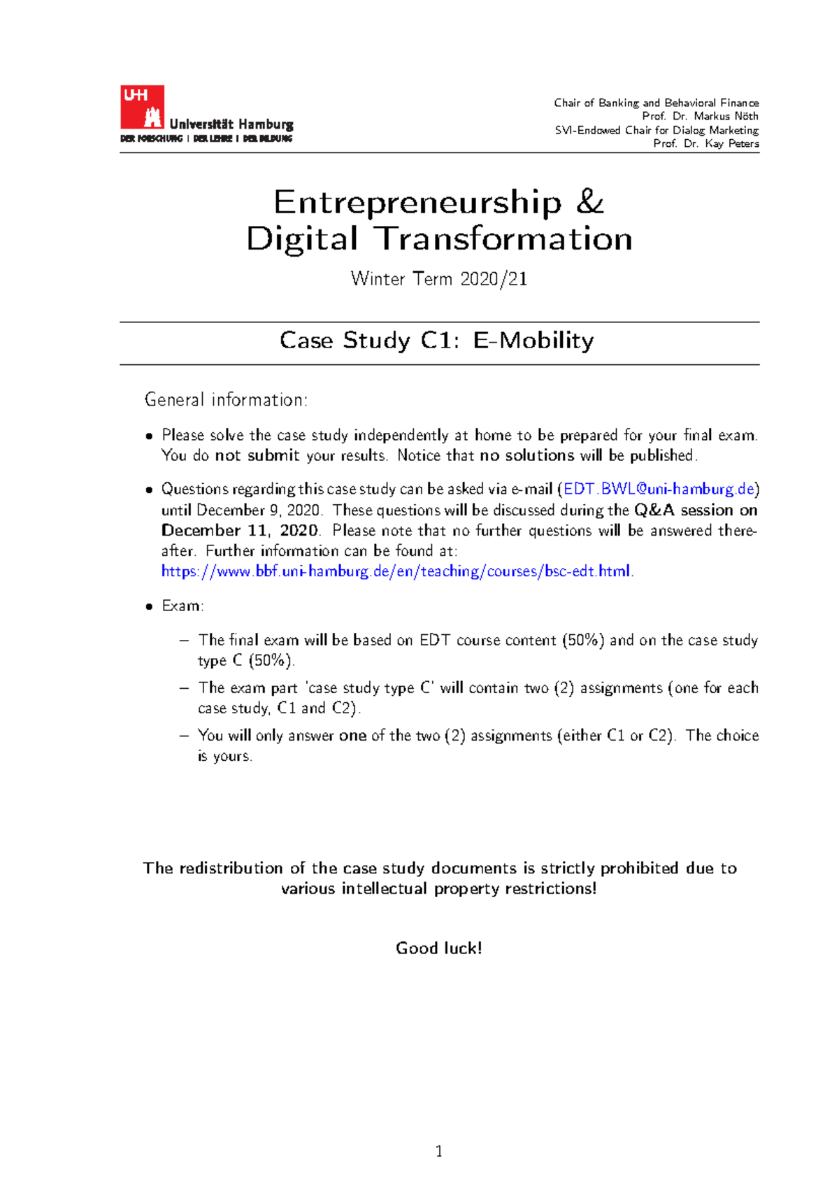 2020 Case Study C1 - E-Mobility - Prof. Dr. Markus Nöth SVI-Endowed Chair for Dialog Marketing ...