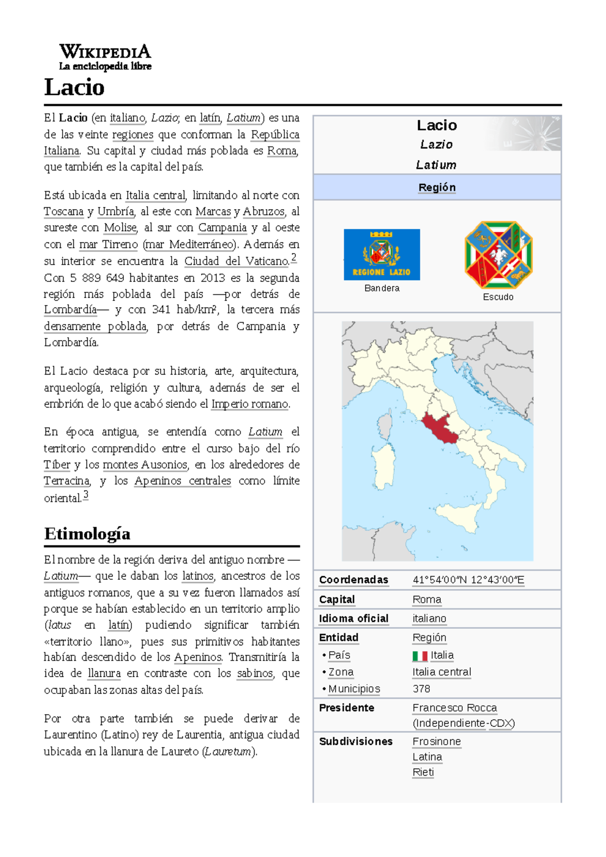 Lacio - historia - Lacio Lazio Latium Región Bandera Escudo Coordenadas ...