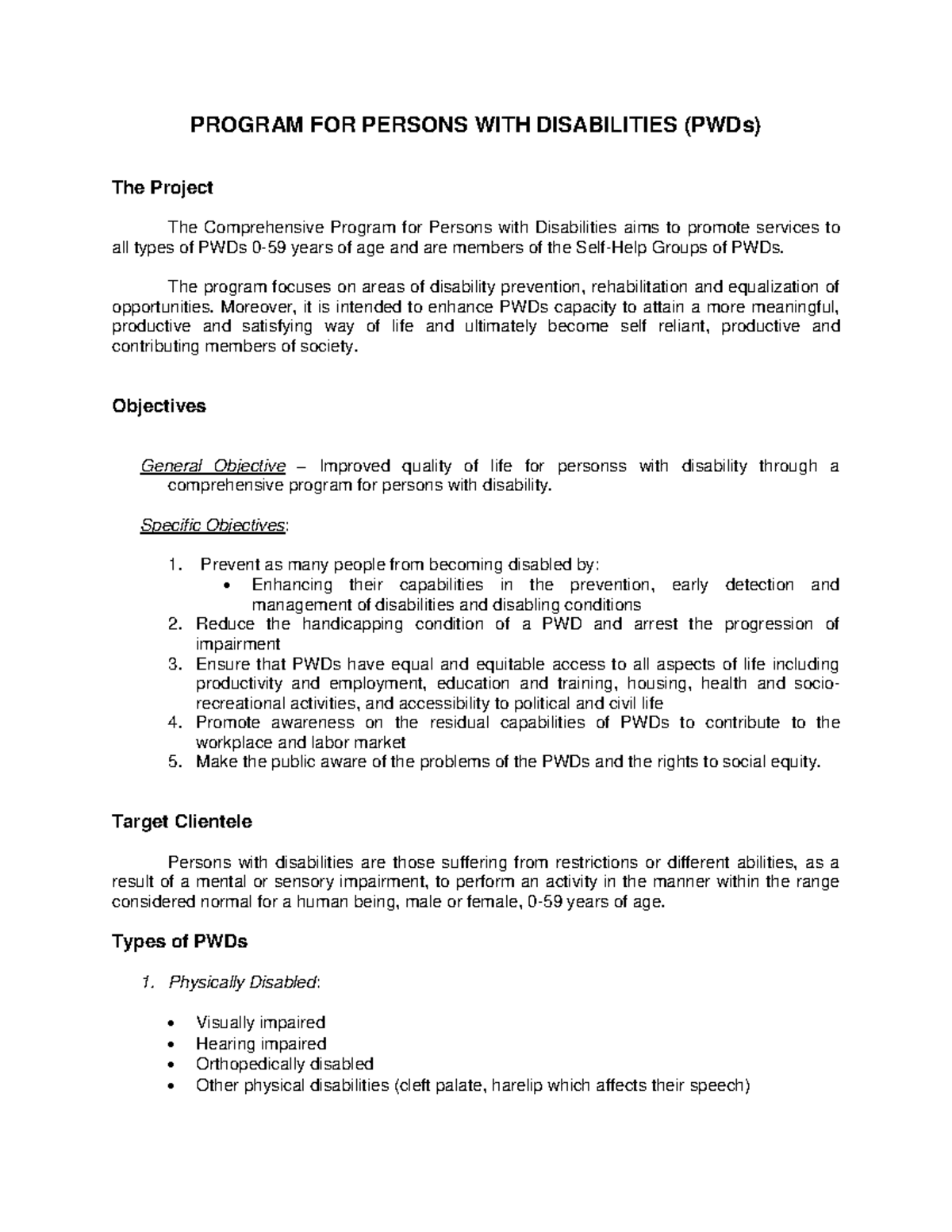 Program-for-PWDs - Persons with Disabilities (singular Person with ...
