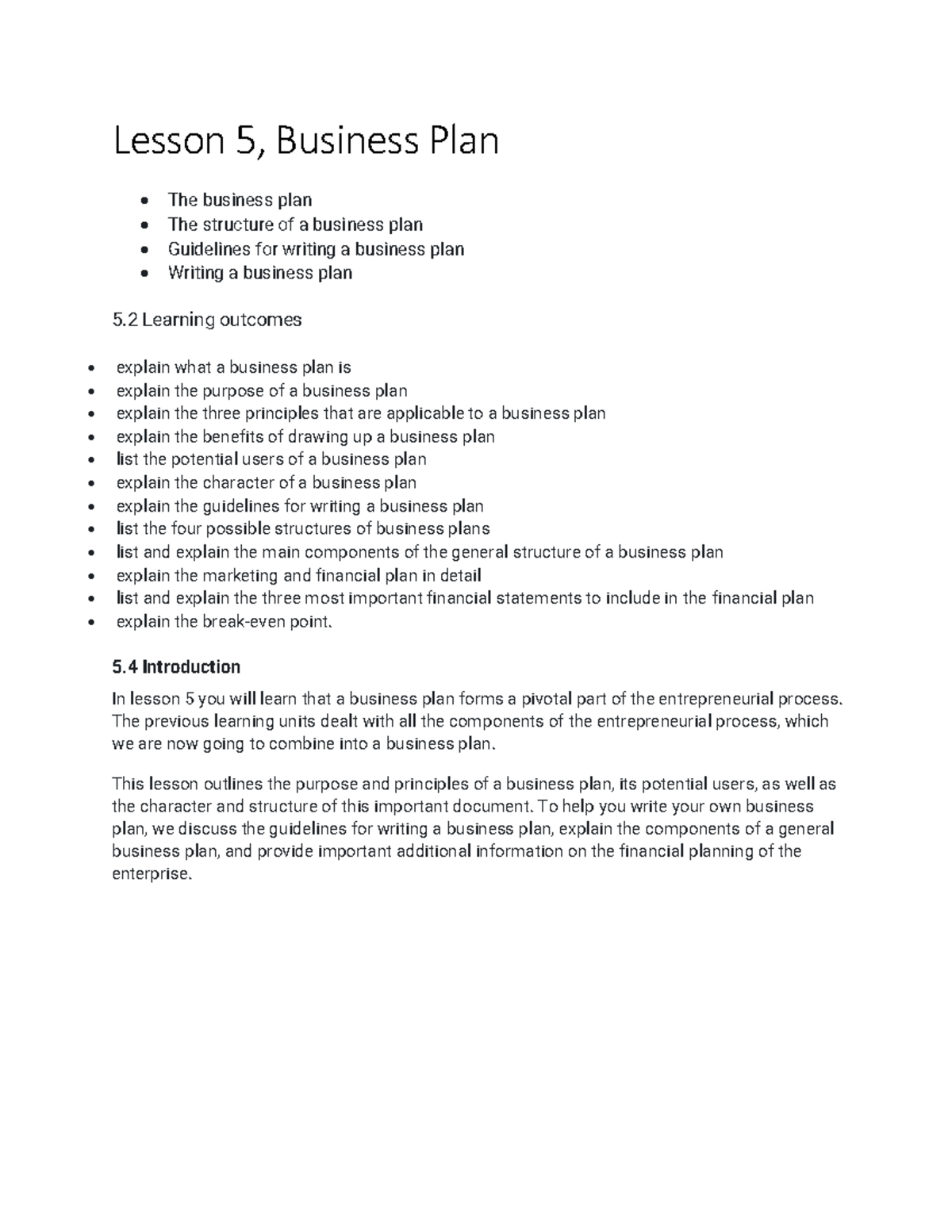 Lesson 5, Business Plan - Lesson 5, Business Plan The business plan The ...