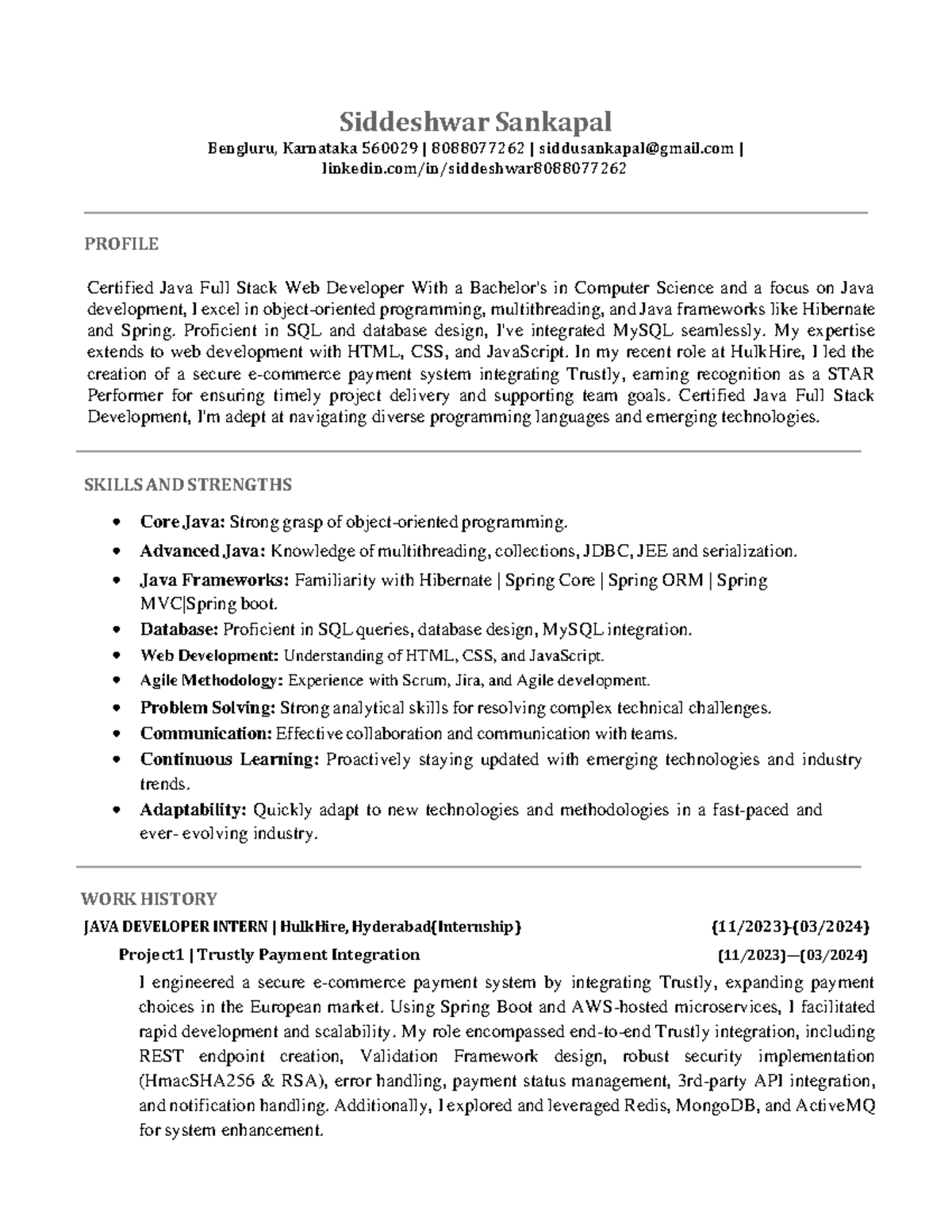 Siddeshwar Sankapal - Resume - Siddeshwar Sankapal Bengluru, Karnataka 560029 | 8088077262 ...