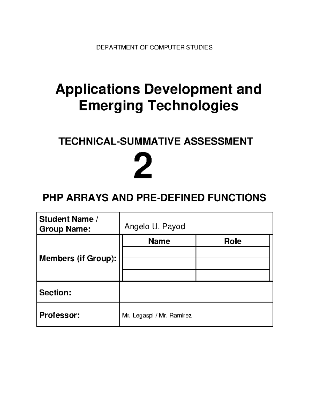 SA2 PHP Arrays and Predefined Functions Payod - DEPARTMENT OF COMPUTER ...