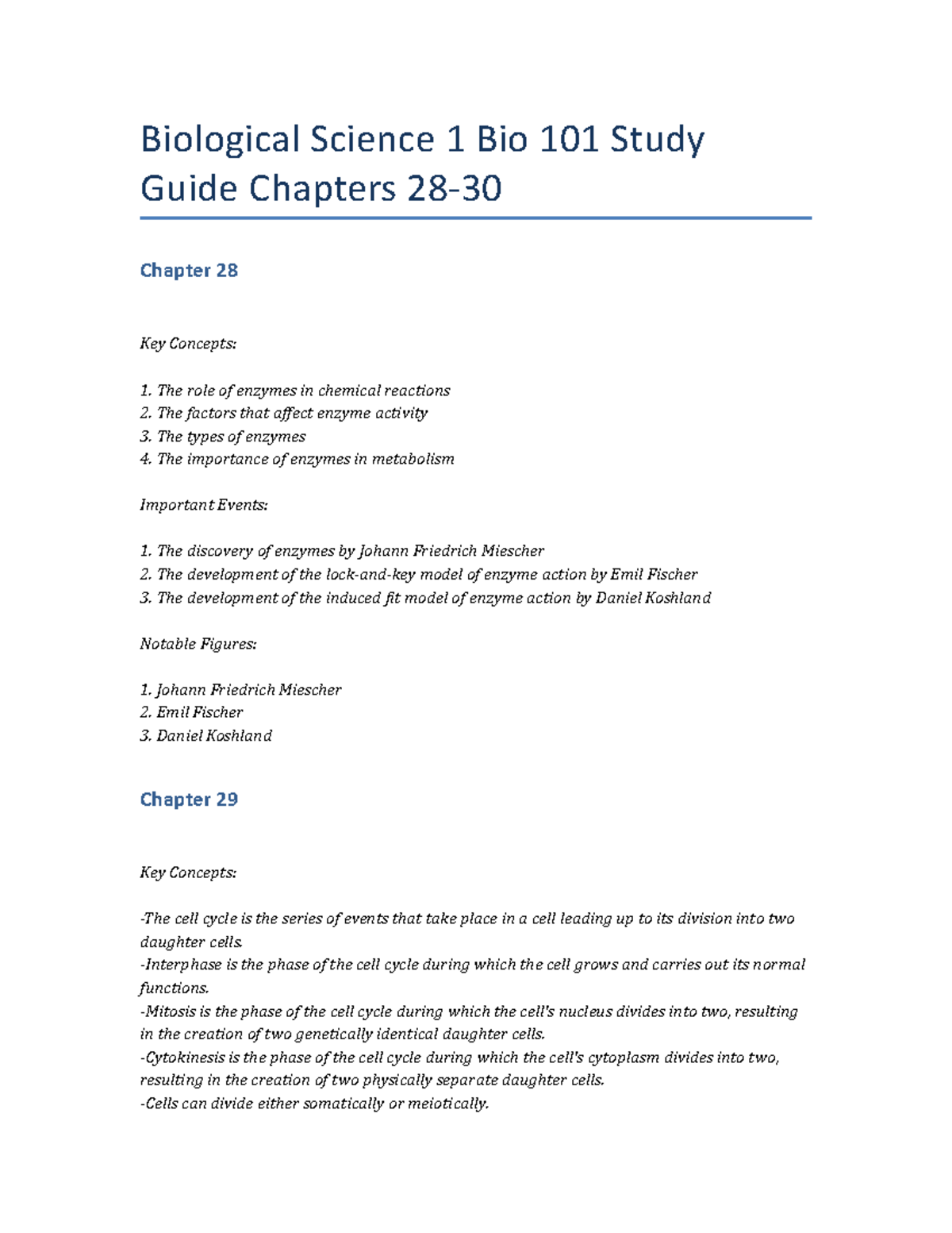 Biological Science 1 Bio 101 Study Guide Chapters 28-30 -Interphase is ...