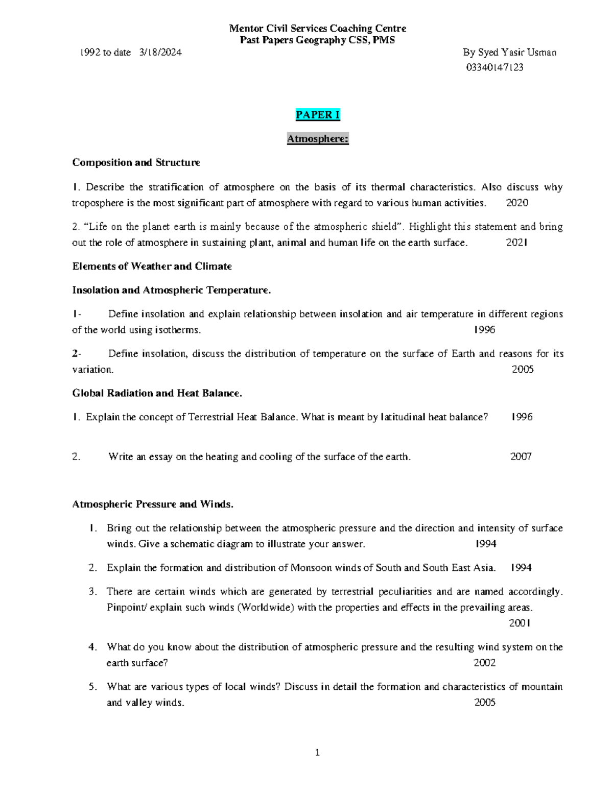 Geography Papers 1992 todate - Past Papers Geography CSS, PMS 1992 to ...