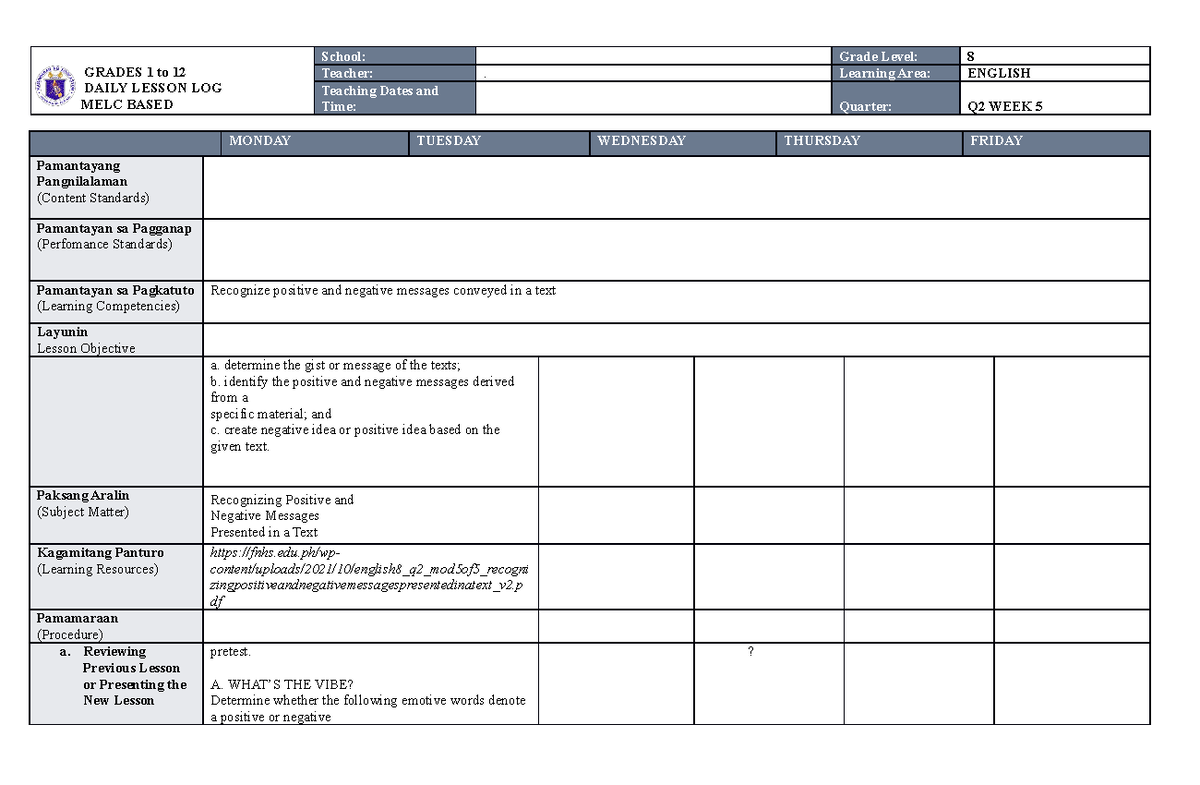 MELC DLL ENG 8 WEEK 5 Q2 DONE - Bachelor of Secondary Education - Studocu