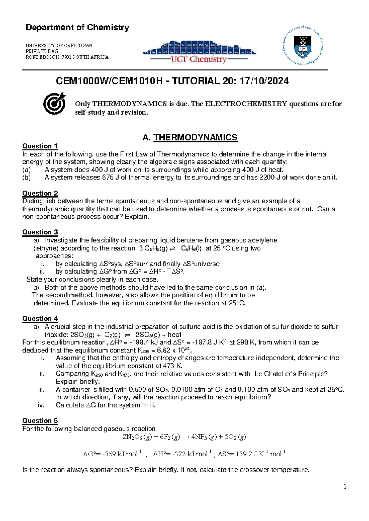 CEM1010H Tutorial 2024 Thermo Electro - 1 Department of Chemistry ...