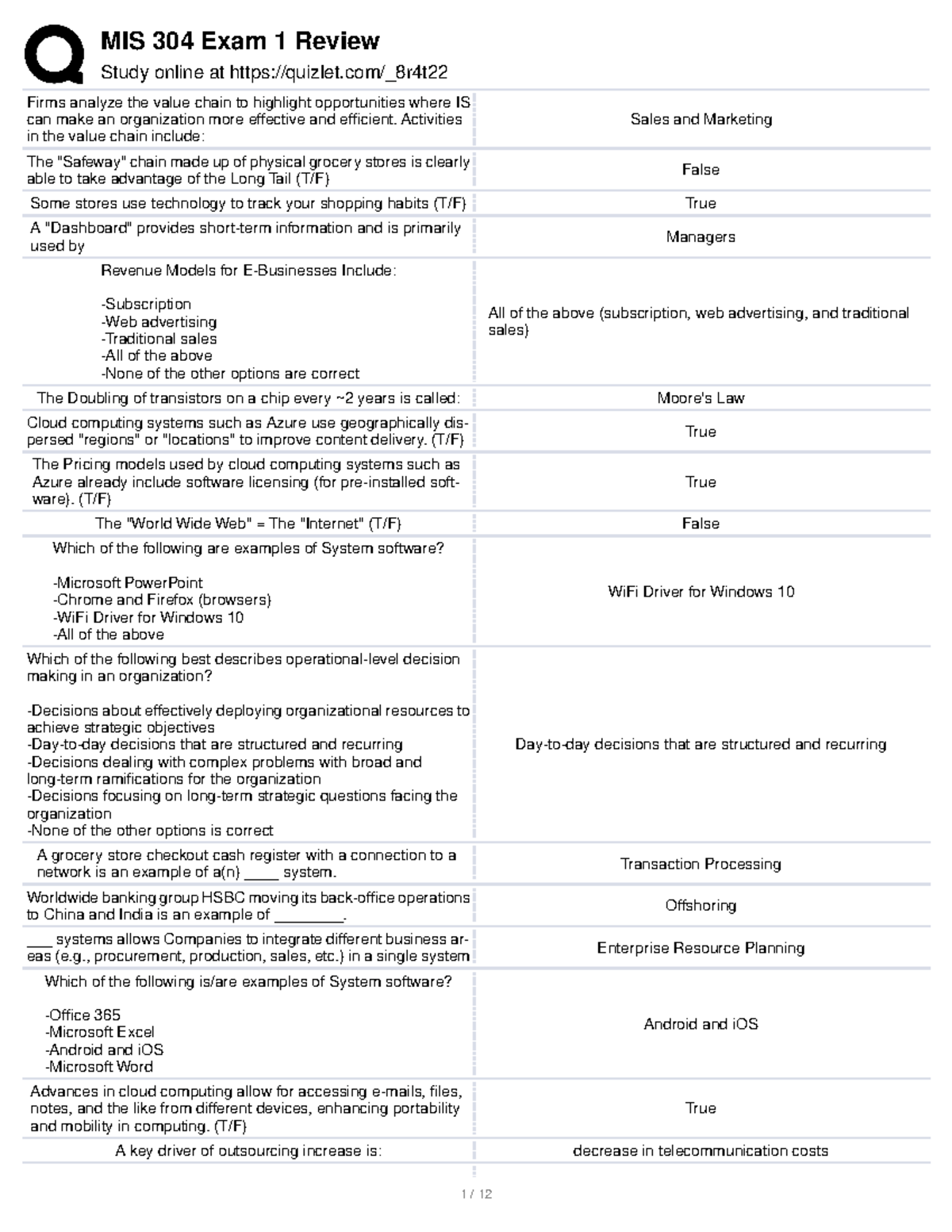 MIS304 Study 1 - Summary Using And Managing Information Systems - Study online at quizlet/_8r4t ...