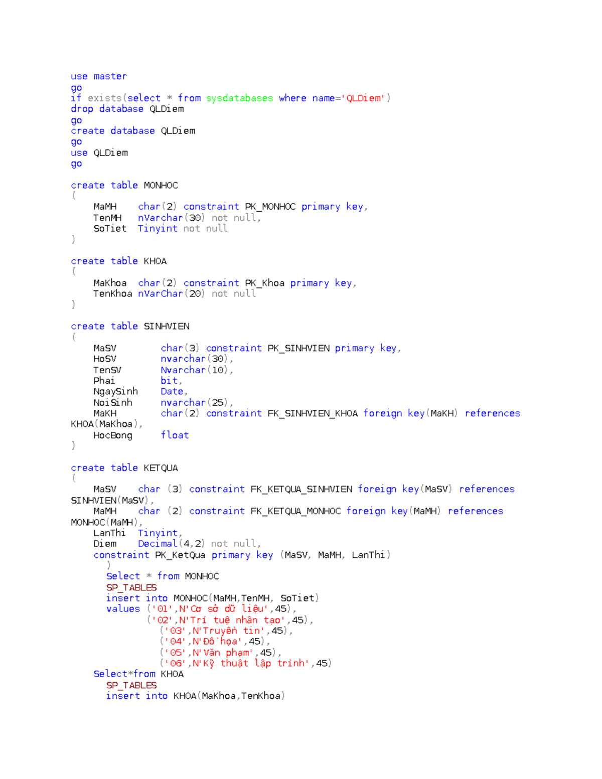 Văn chí khoa 23dh111689 SQL - use master go if exists(select * from sysdatabases where - Studocu
