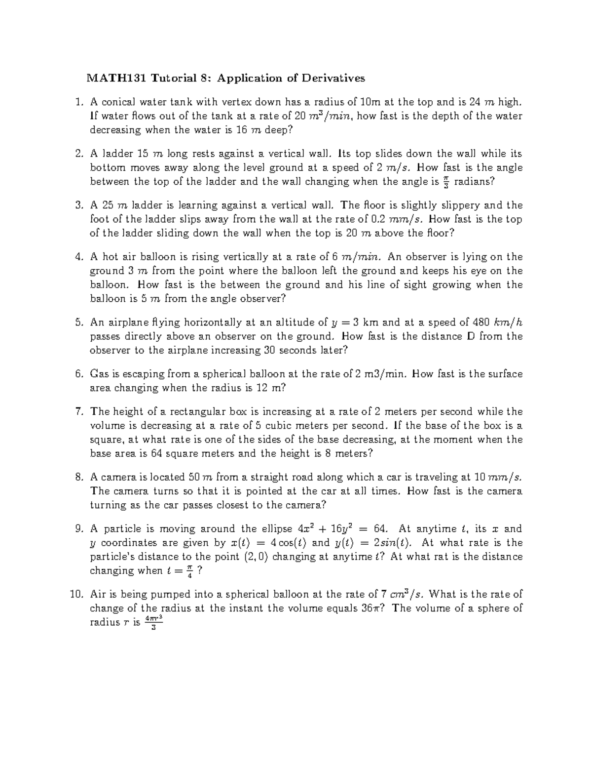 Math 131 Tutorial 8 2024 - MATH131 Tutorial 8: Application of Derivatives A conical water tank ...