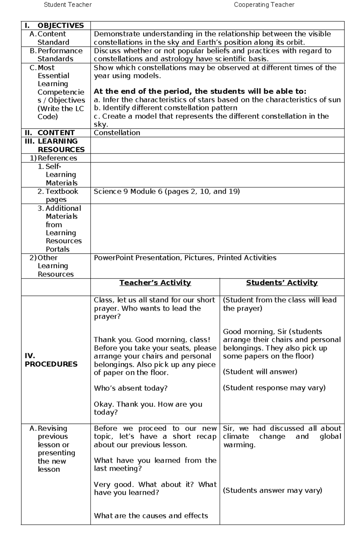Detailed Lesson PLAN IN Constellation 9 - Student Teacher Cooperating ...