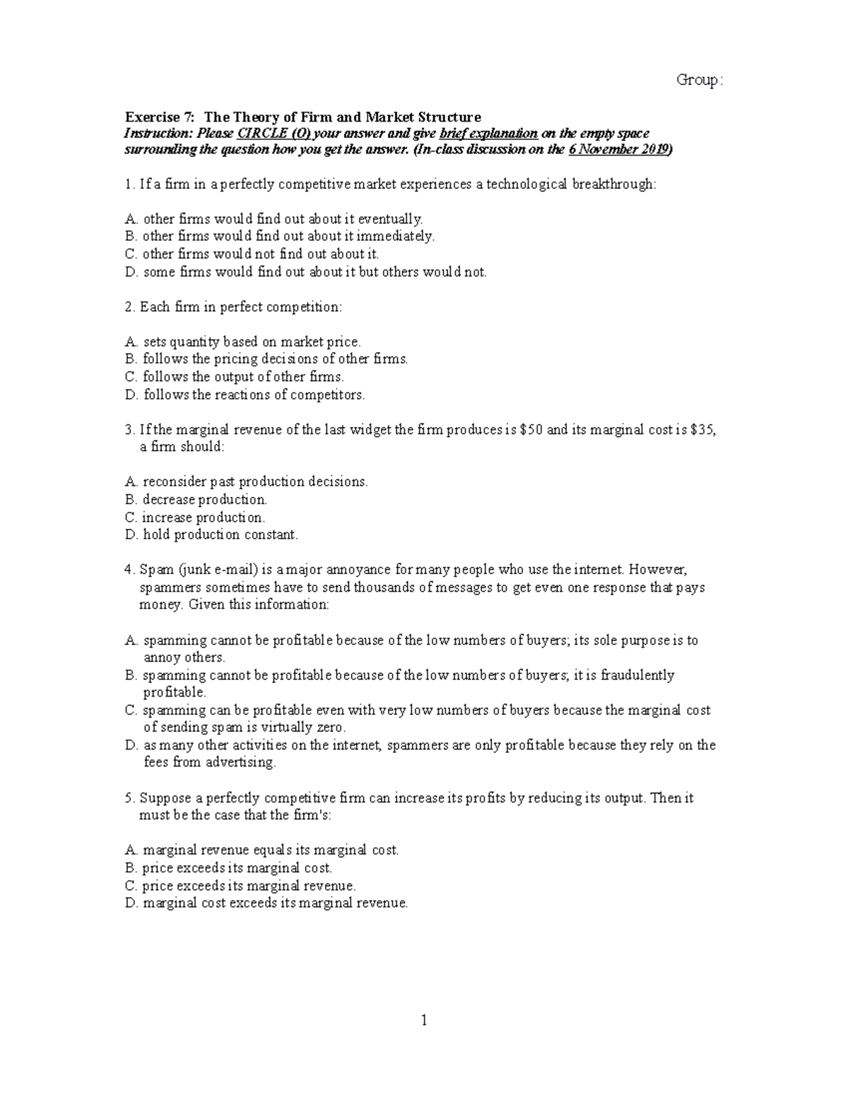 Exercise 7 The Theory of Firm and Market Structure - Group: Exercise 7 ...