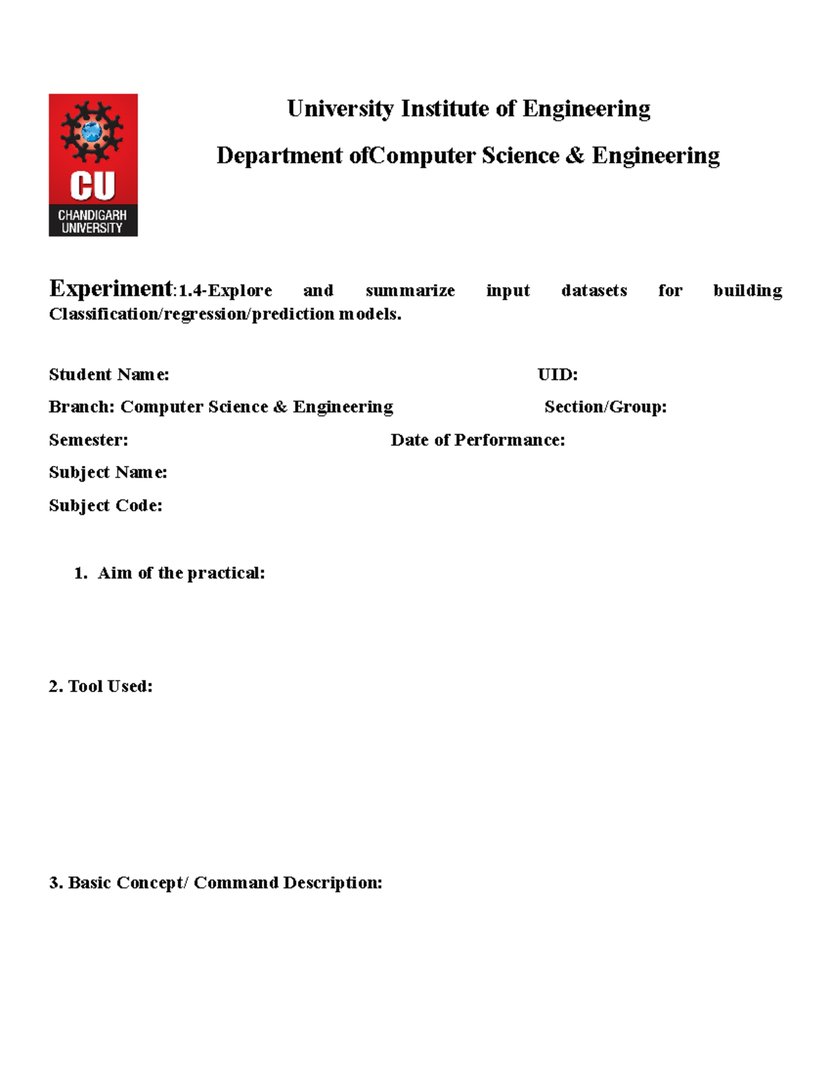 Pycaret Worksheet - Department ofComputer Science & Engineering Experiment:1-Explore and - Studocu