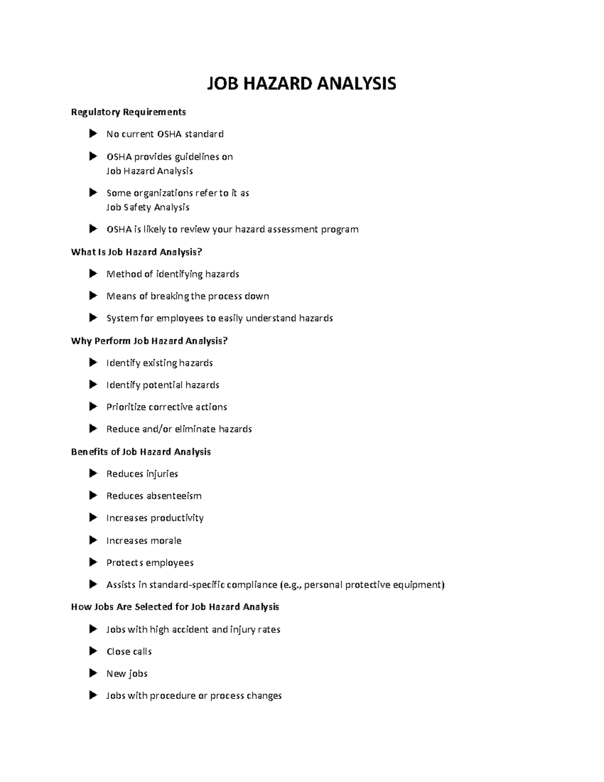 JOB Hazard Analysis - JOB HAZARD ANALYSIS Regulatory Requirements No ...