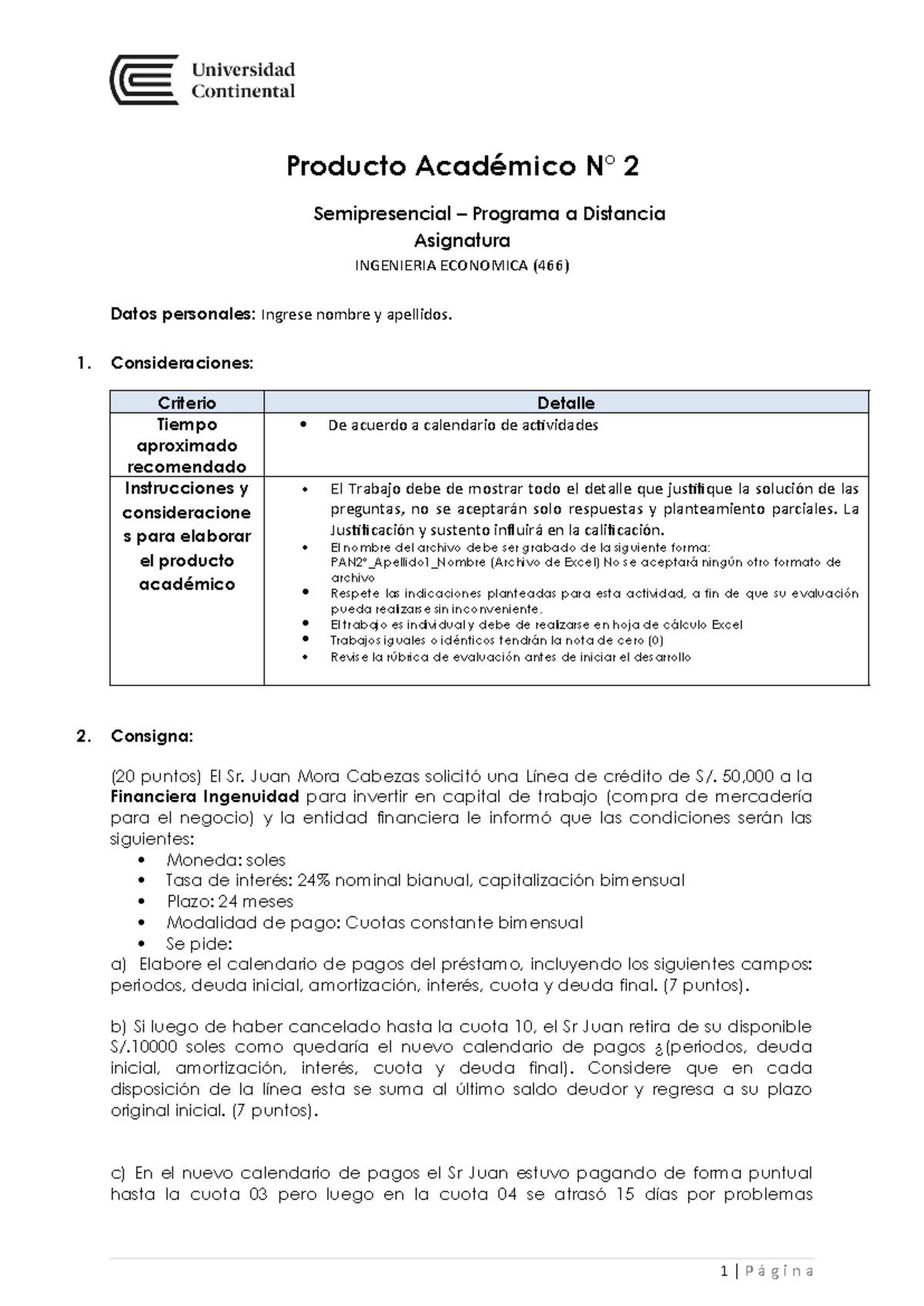 PA02 Ingenieria Economica 2024 10A - Producto Académico N° 2 Semipresencial – Programa a ...
