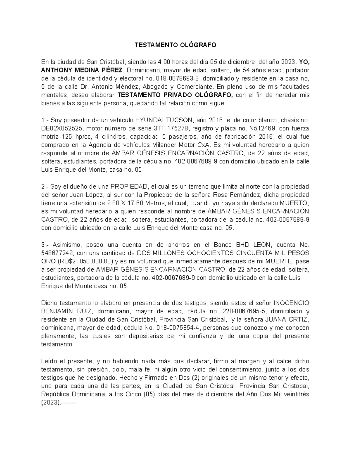 Testamento Ológrafo - TESTAMENTO OLÓGRAFO En la ciudad de San Cristóbal ...
