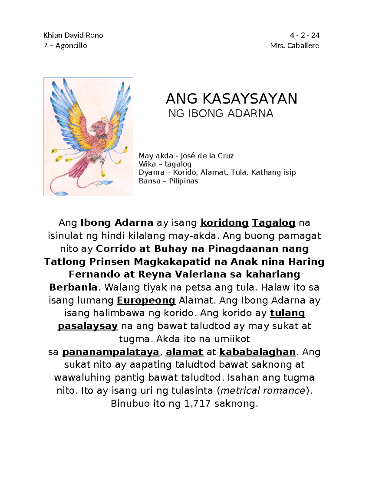 Ang ibong adarna ni khian - Khian David Rono 4 - 2 - 24 7 – Agoncillo ...