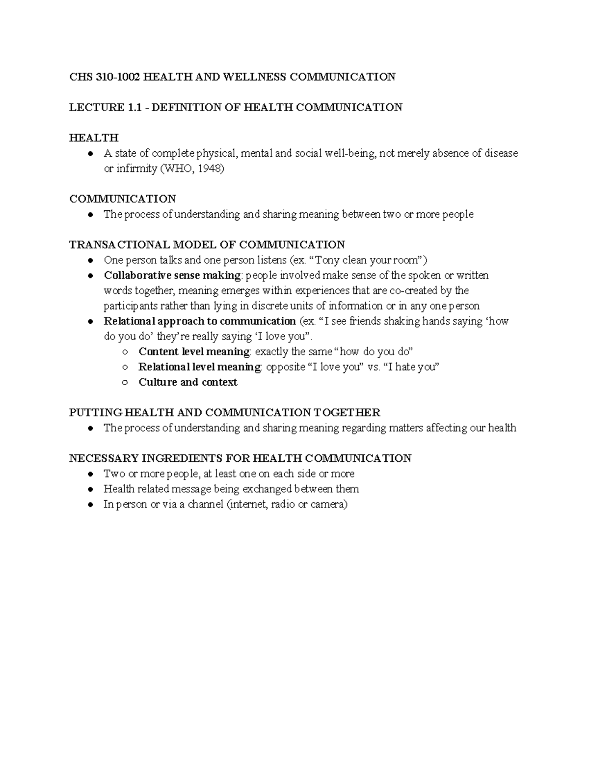 Lecture 1.1 CHS 310 - CHS 310-1002 HEALTH AND WELLNESS COMMUNICATION LECTURE 1 - DEFINITION OF ...