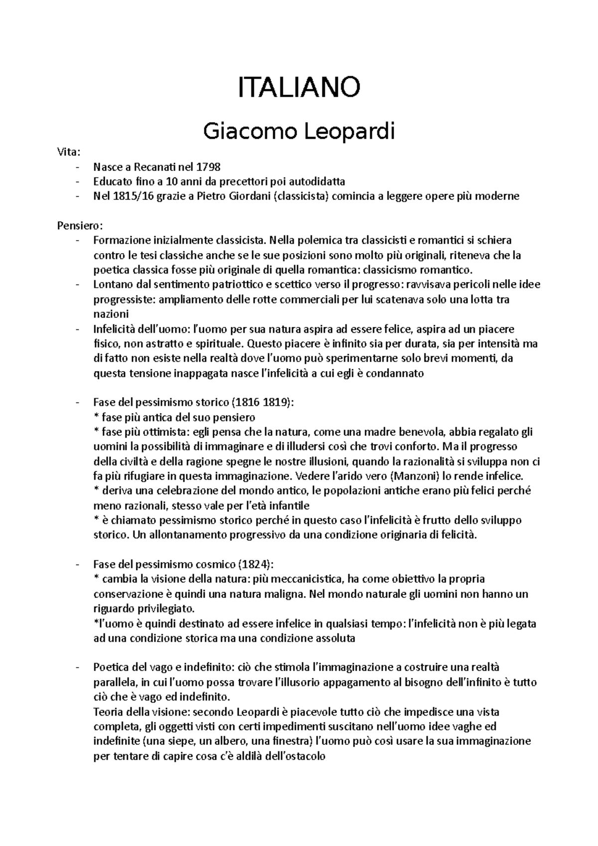Italiano (da Leopardi a Montale) - ITALIANO Giacomo Leopardi Vita: - Nasce a Recanati nel 1798 ...