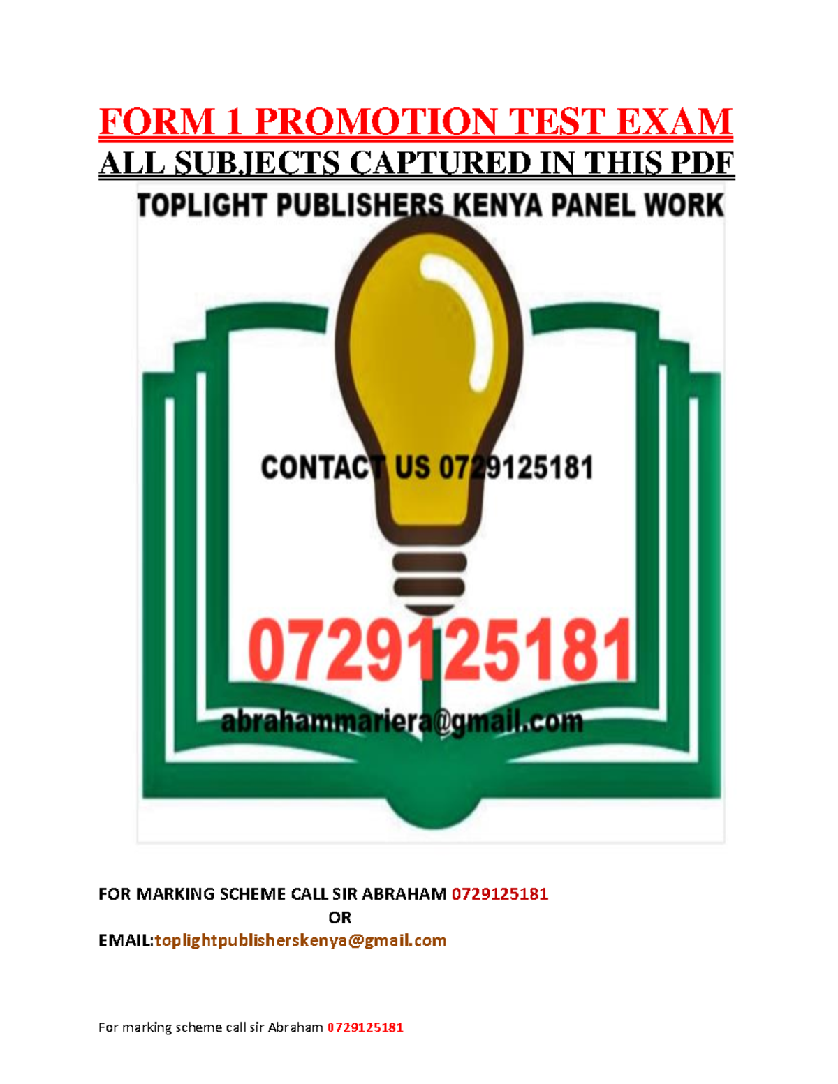 FORM 1 Promotion TEST EXAM - FORM 1 PROMOTION TEST EXAM ALL SUBJECTS ...