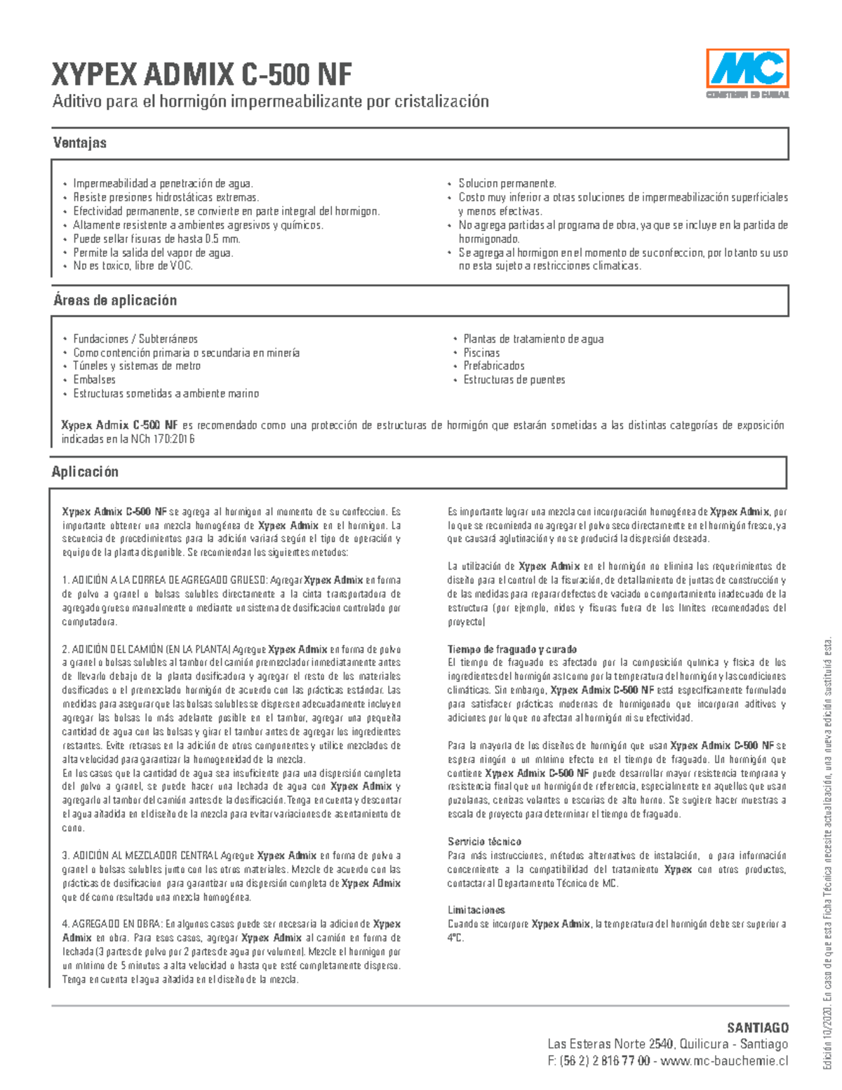 Ficha Técnica - Xypex Admix C-500 NF - Aditivo para el hormigón impermeabilizante por ...