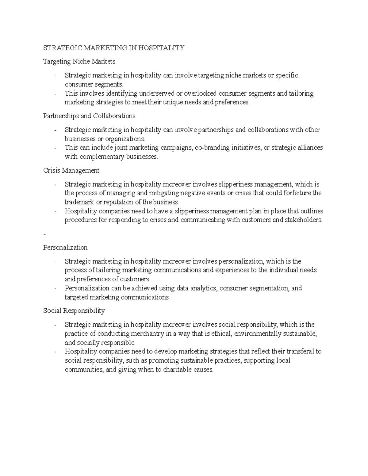 Strategic Marketing IN Hospitality Notes 2 - STRATEGIC MARKETING IN ...