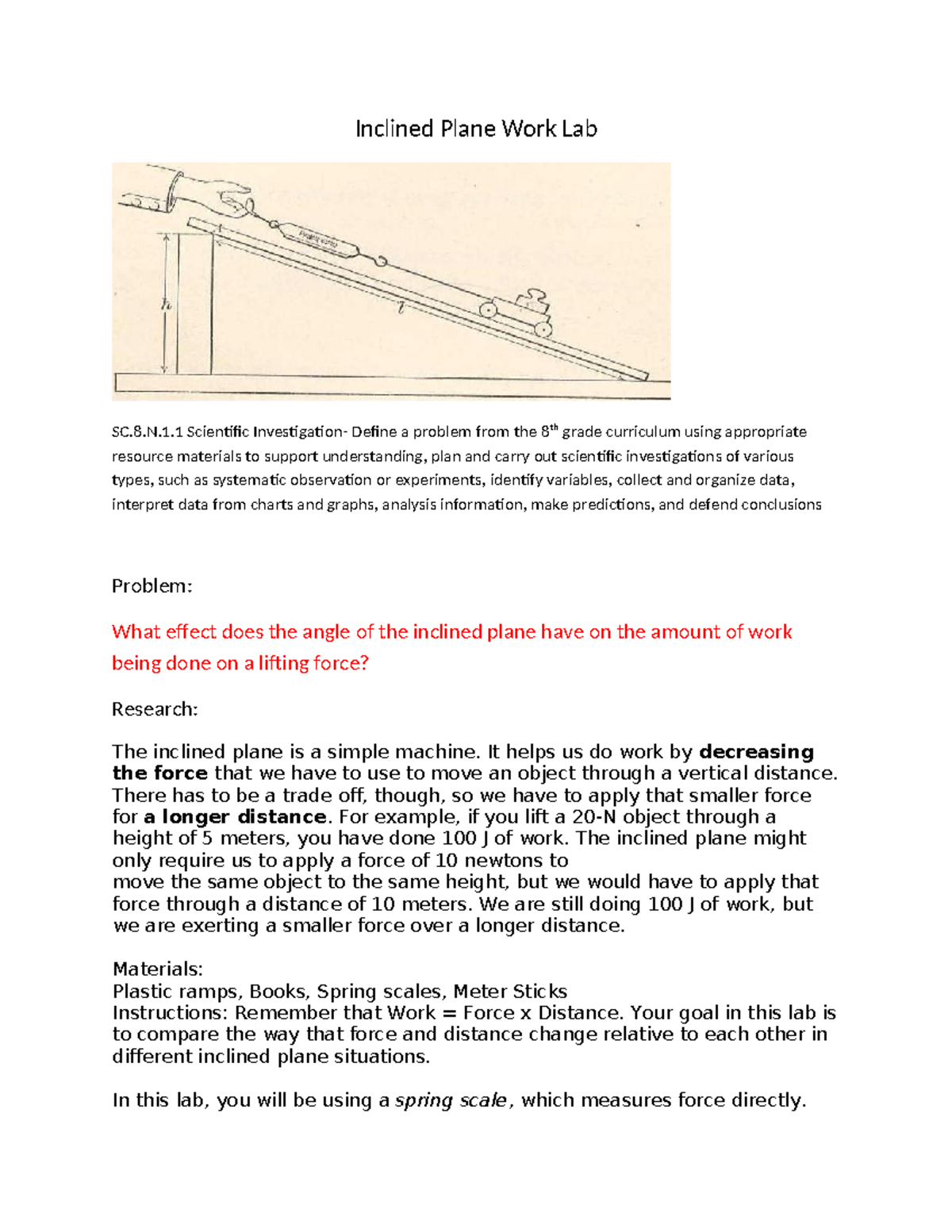 Motion Inclined Plane Work Lab 2024 - Inclined Plane Work Lab SC.8.N.1 ...