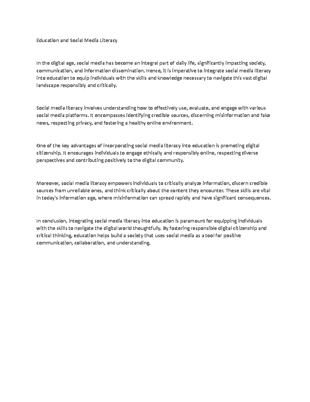 Education and Social Media Literacy - Hence, it is imperative to ...