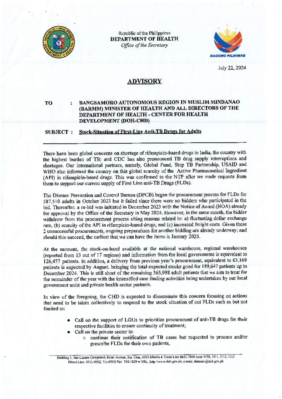Advisory Stock Situation of TB FLDs for Adults - DEPARTMENT Republic of ...