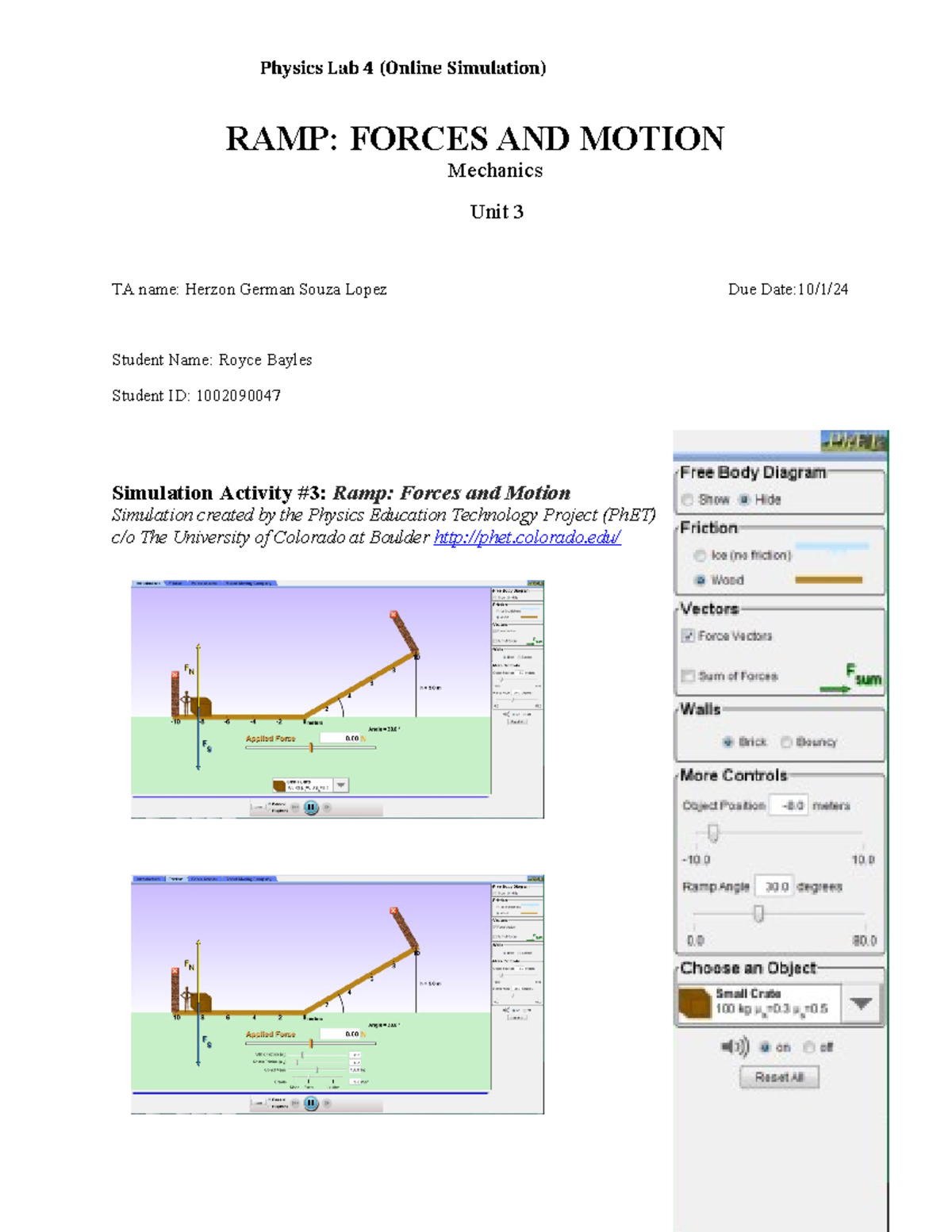 Lab-4 Force-Motion Online - RAMP: FORCES AND MOTION Mechanics Unit 3 TA ...