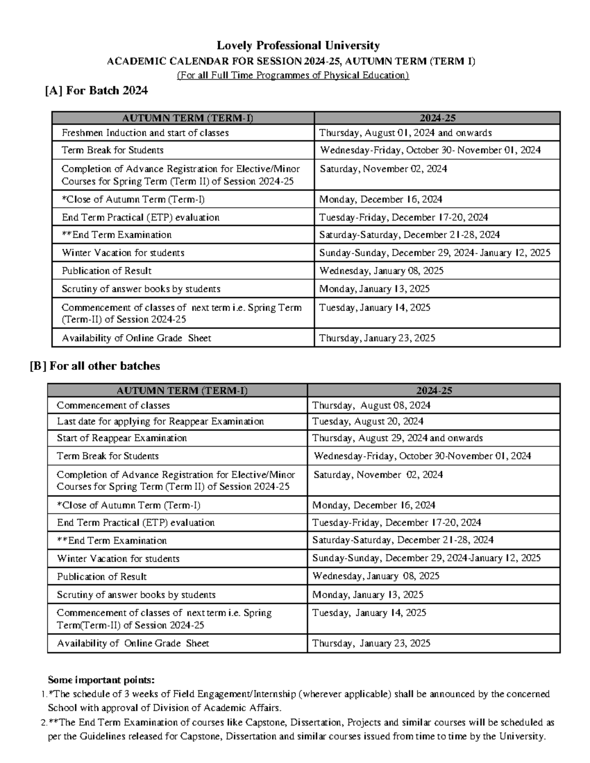 Academic Calendar for all Full Time programs of Physical Education ...