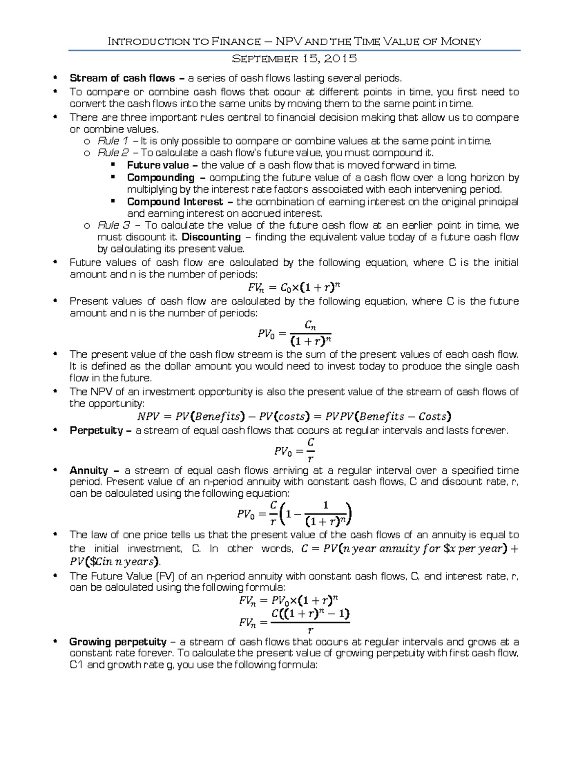 Lecture notes, lecture 1 - Nvp and the time value of money - mgcr 341 ...