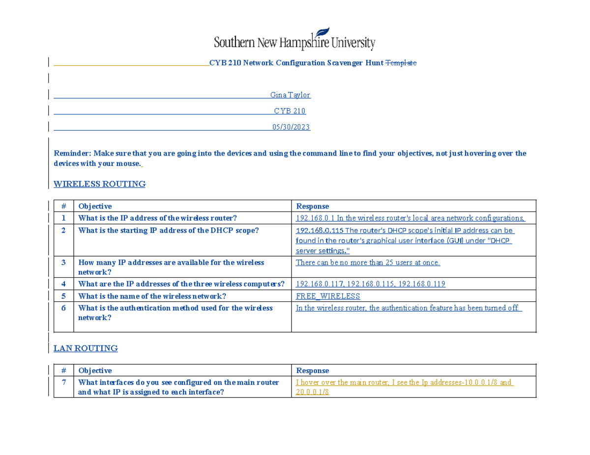 Cyb 210 Network Configuration Scavenger Hunt Template Gina Taylor Wireless Routing Objective