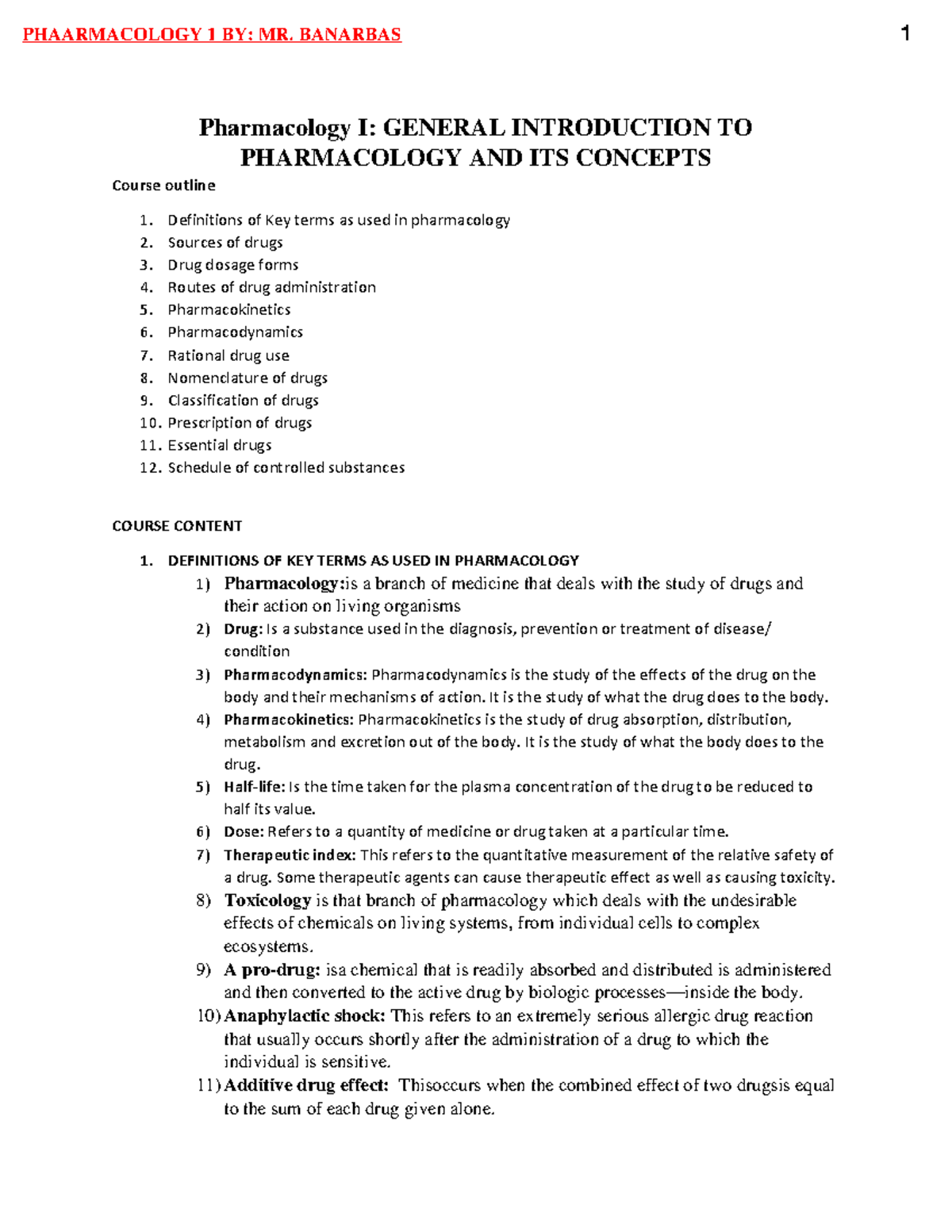Pharmacology 1-ISNM - Summary PHARMACY OF CNS - Pharmacology I: GENERAL ...
