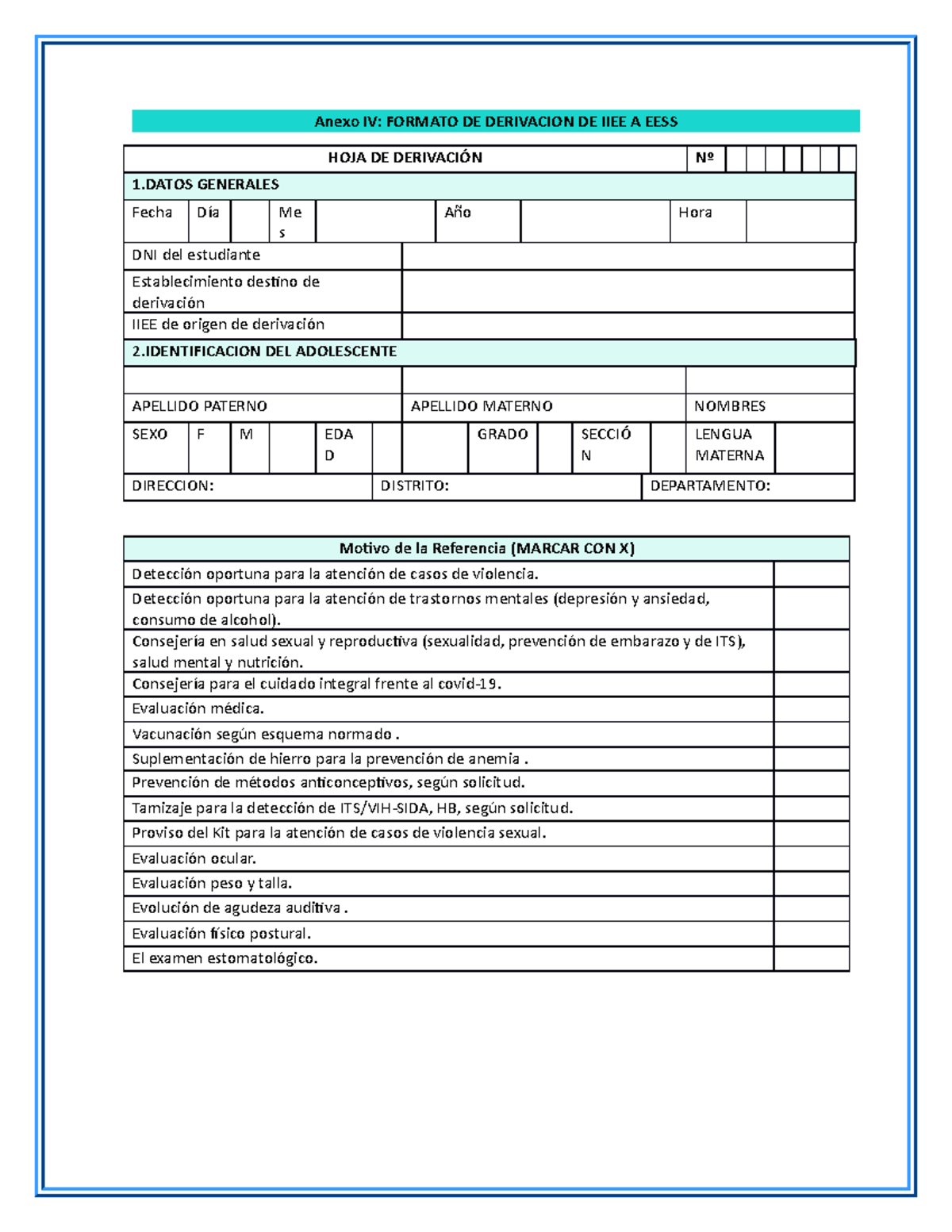 Anexo IV Formato DE Derivacion DE IIEE A EESS - Anexo IV: FORMATO DE ...