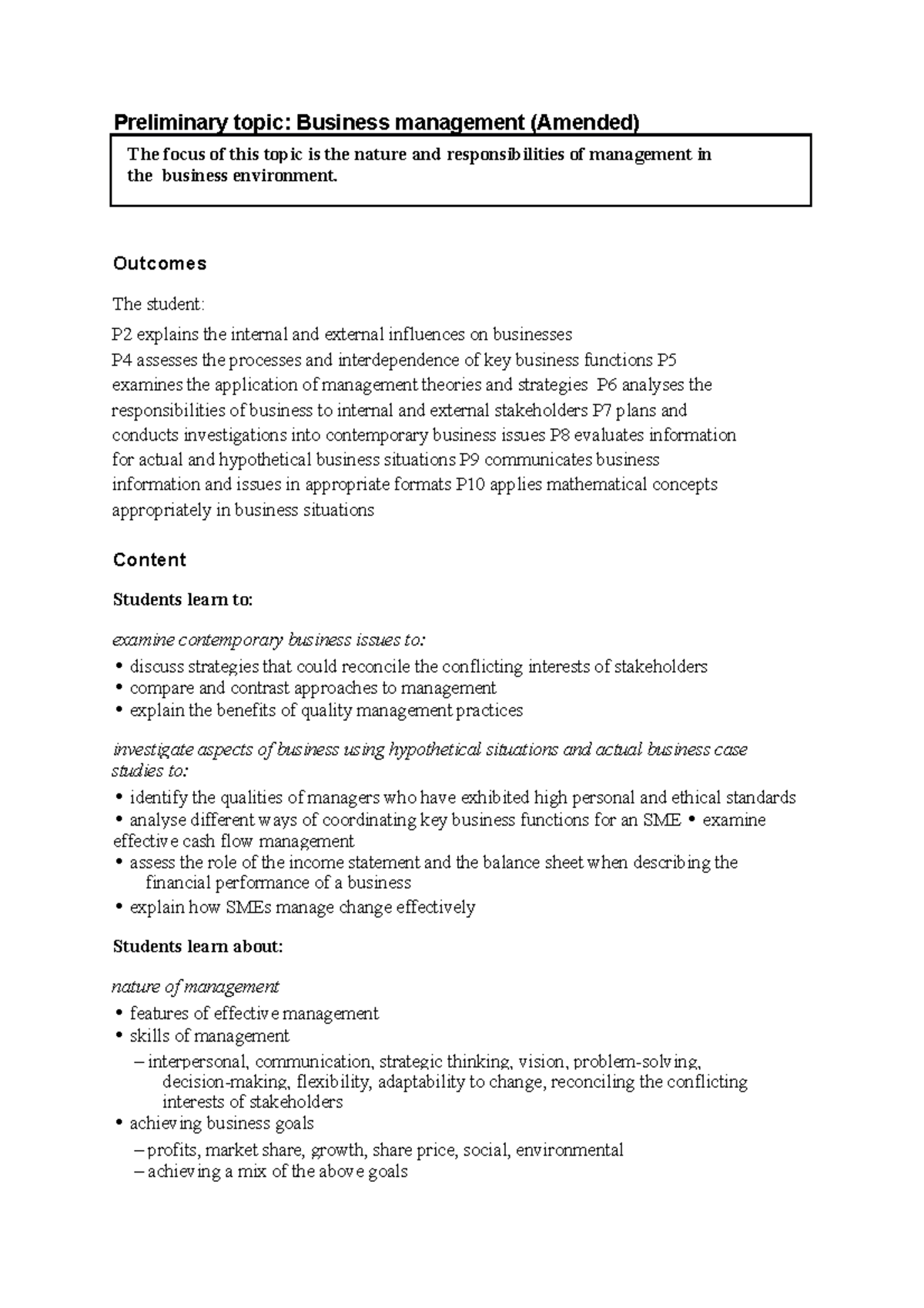 Year 11 Business Studies Syllabus - Preliminary topic: Business ...