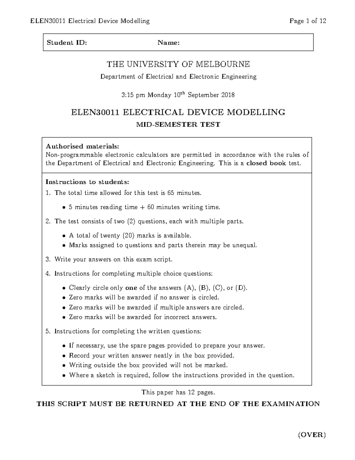 MST 2018 Questions and Solutions - Student ID: Name: THE UNIVERSITY OF ...
