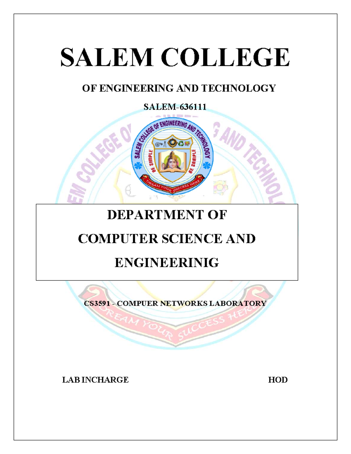 CN Lab 2023 - SALEM COLLEGE OF ENGINEERING AND TECHNOLOGY SALEM- CS3591 - COMPUER NETWORKS - Studocu